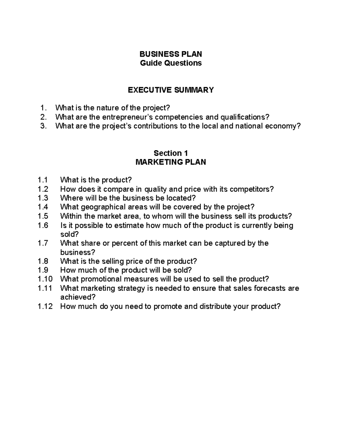 Business PLAN Guide - BUSINESS PLAN Guide Questions EXECUTIVE SUMMARY ...