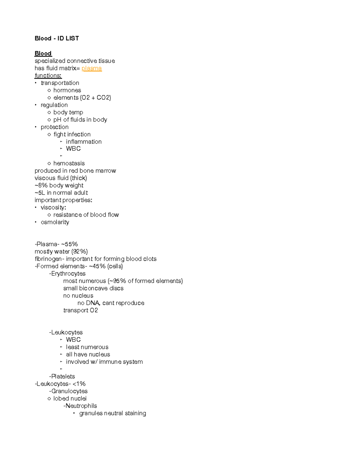 Blood Notes - Blood - ID LIST Blood specialized connective tissue has ...