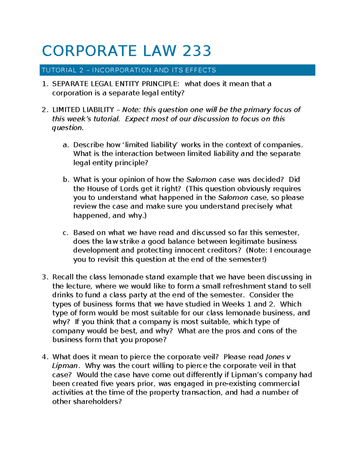 Tute 2 - tutorial 2 - CORPORATE LAW 233 TUTORIAL 2 – INCORPORATION AND ...