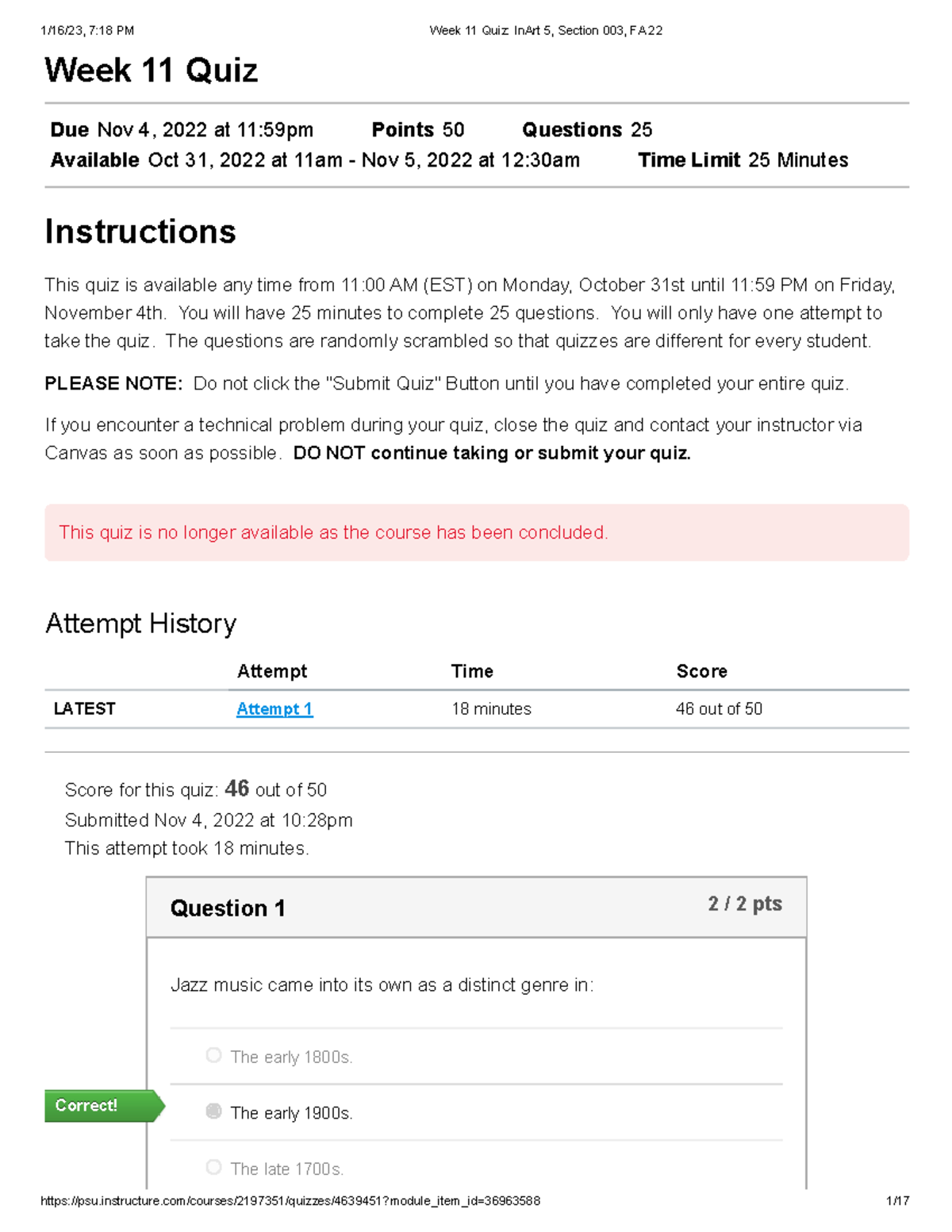 Week 11 Quiz In Art 5, Section 003, FA 22 - Week 11 Quiz Due Nov 4, 2022 at 11:59pm Points 50 ...