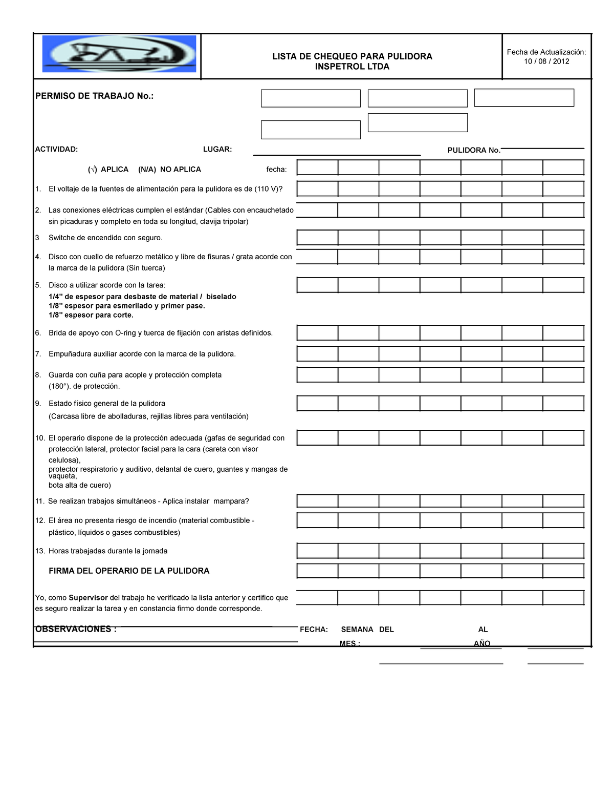 Lista Chequeo Pulidora-V1 - LISTA DE CHEQUEO PARA PULIDORA INSPETROL ...