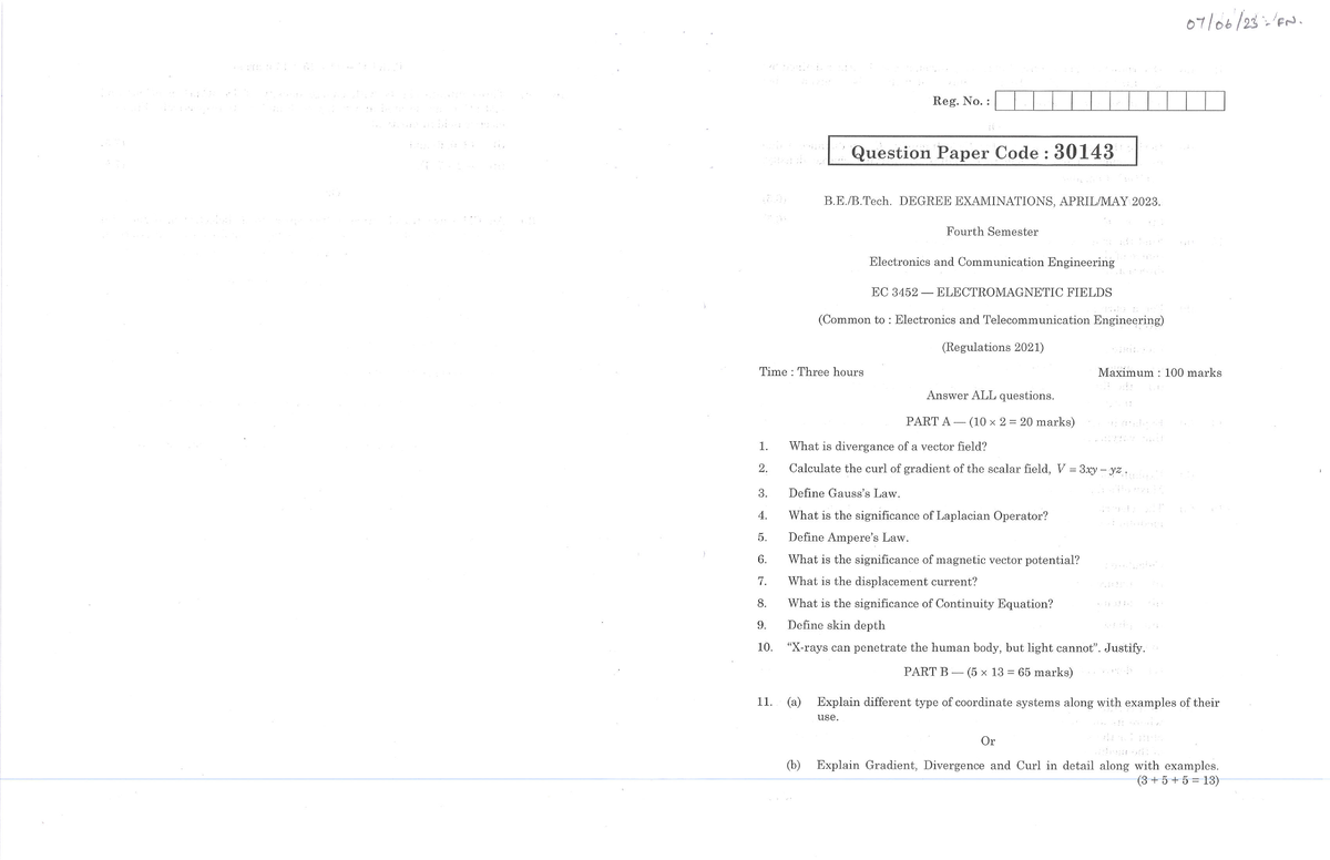 EC3452 - Electromagnetic Fields R2021 - 2023 April - Reg. No ...