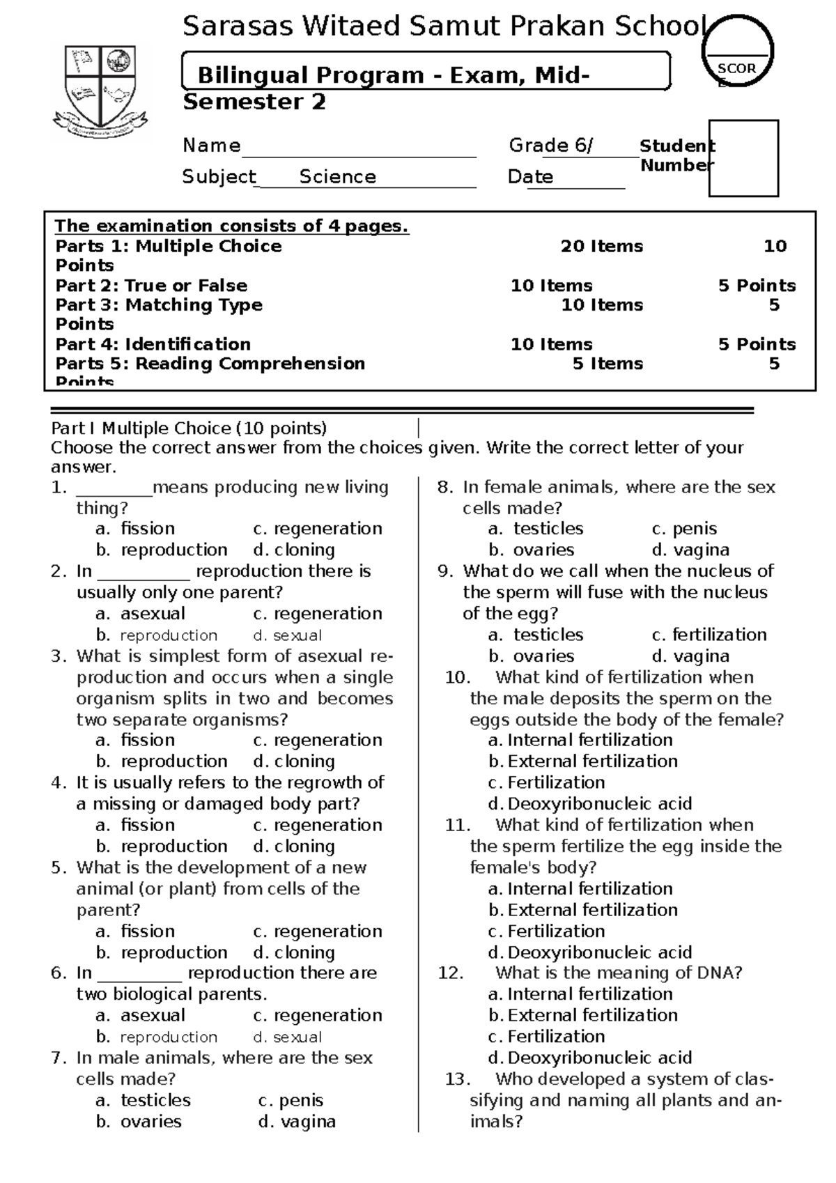 Exam science midterm sem2 - Sarasas Witaed Samut Prakan School Bilingual Program - Exam, Mid ...