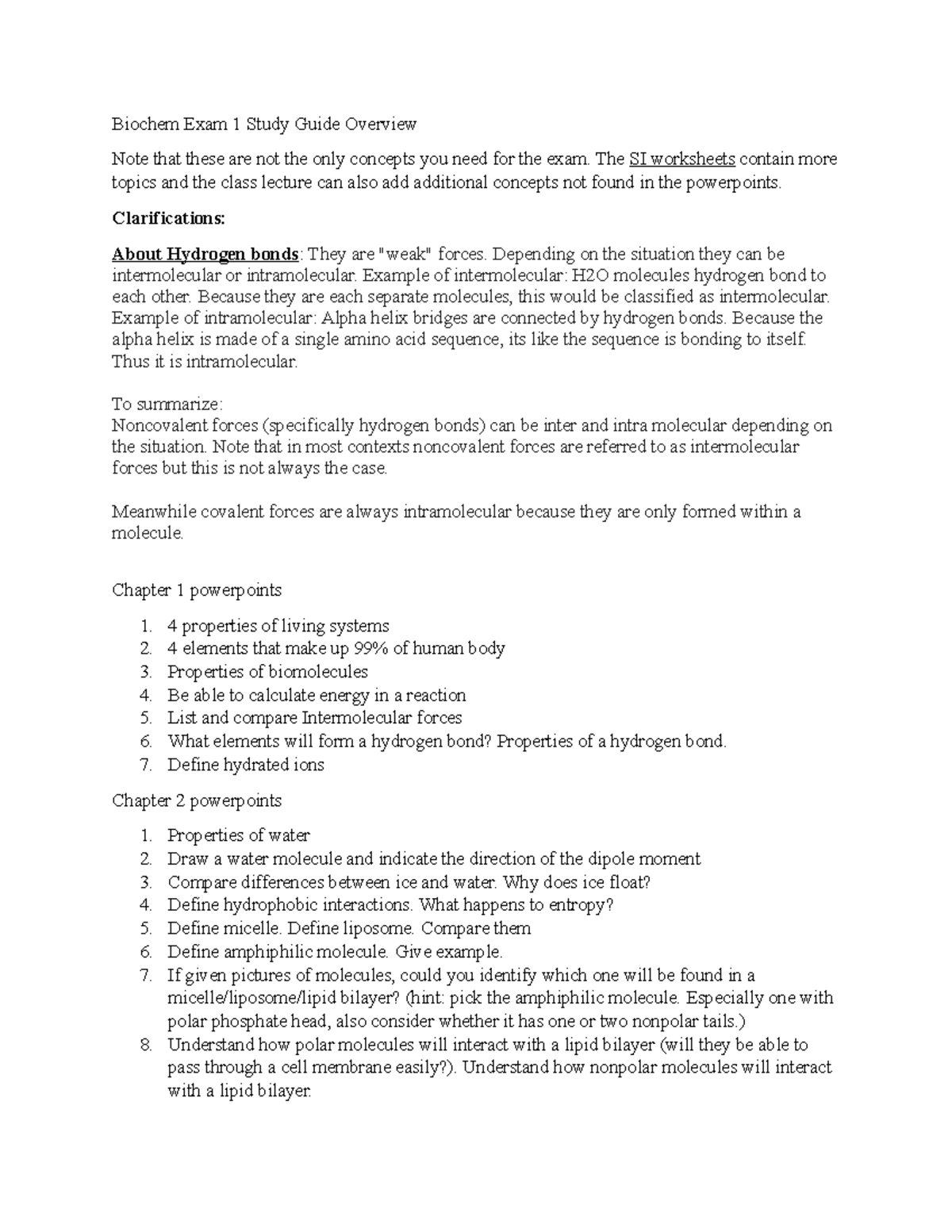 EXAM 1 Preparation- STUDY GUIDE - Biochem Exam 1 Study Guide Overview ...