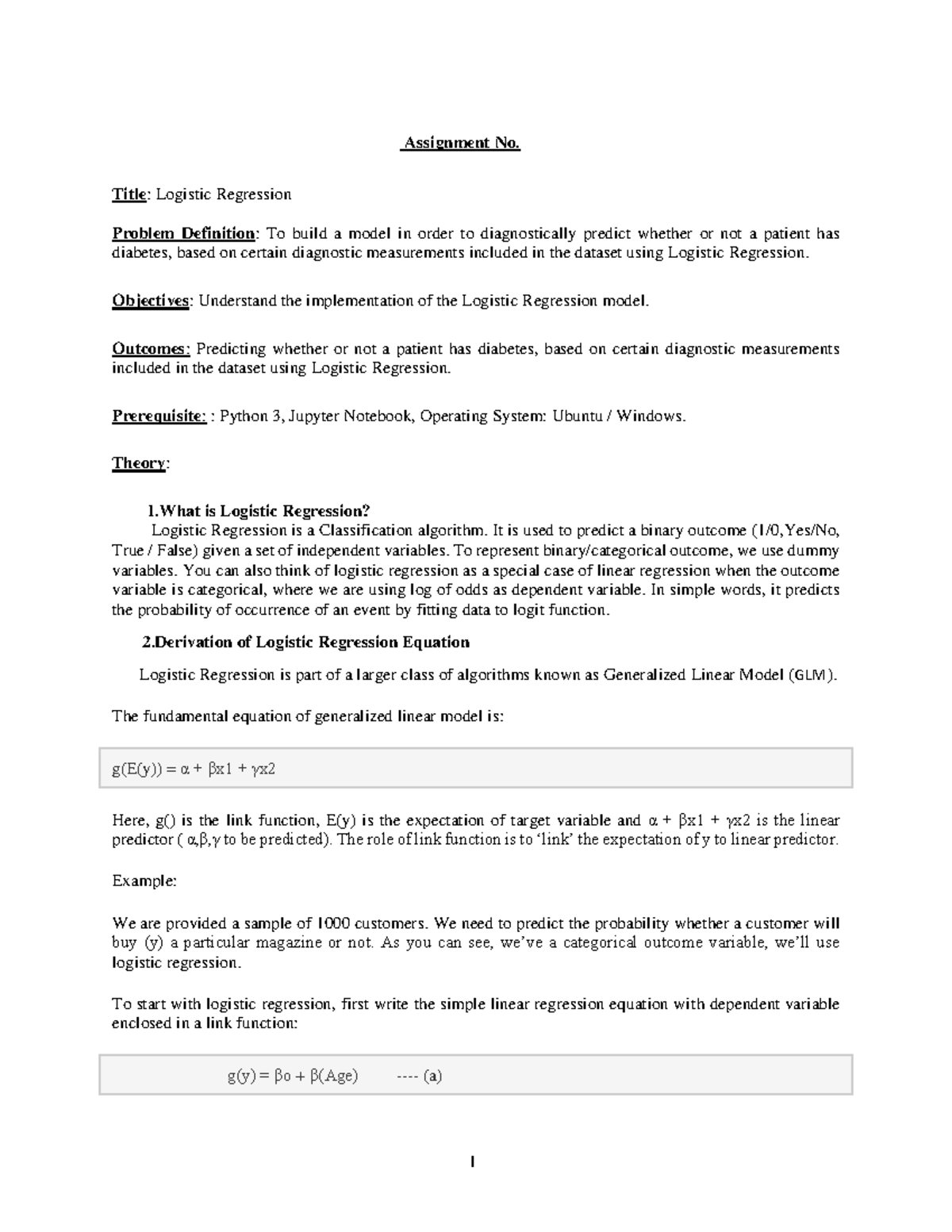 Logistic Regression for Machine Learning - Assignment No. Title ...