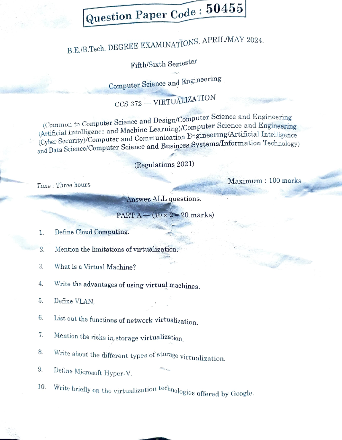 Anna university questions paper model - 1. Tine: Three hours 2. 3. 4 ...