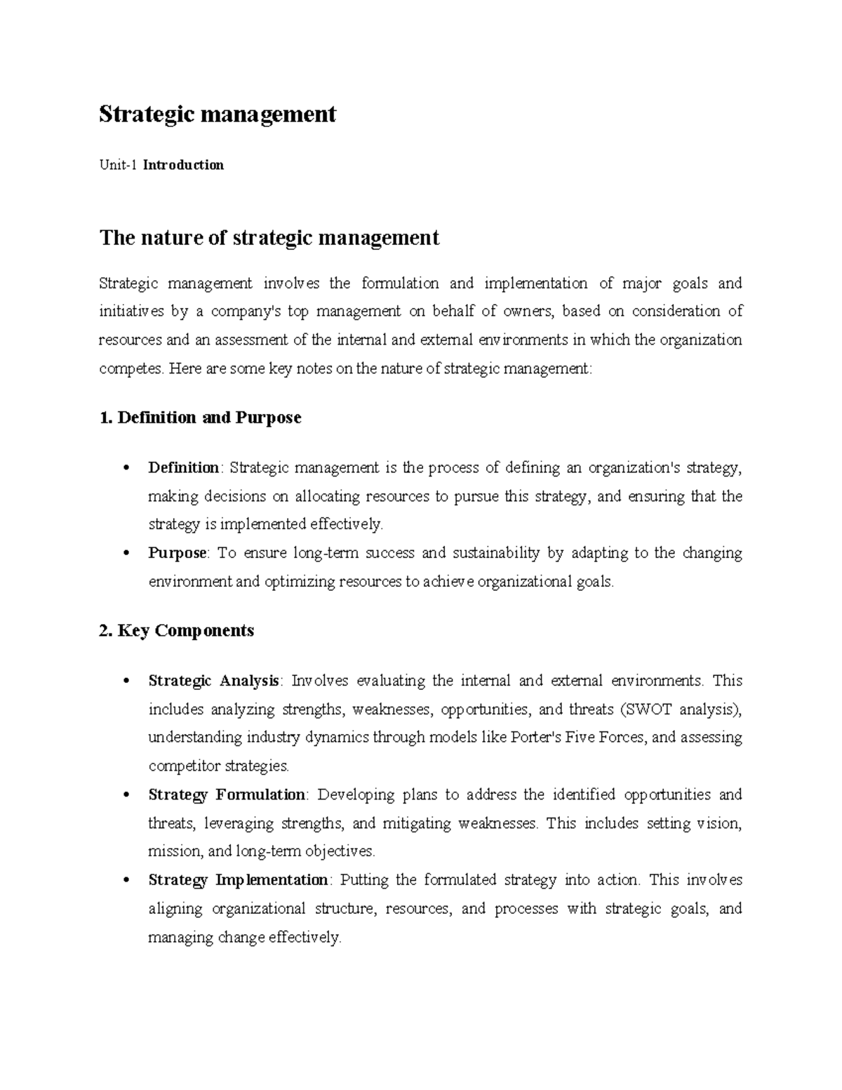 Sm unit1 - strategic mgmt - Strategic management Unit-1 Introduction ...