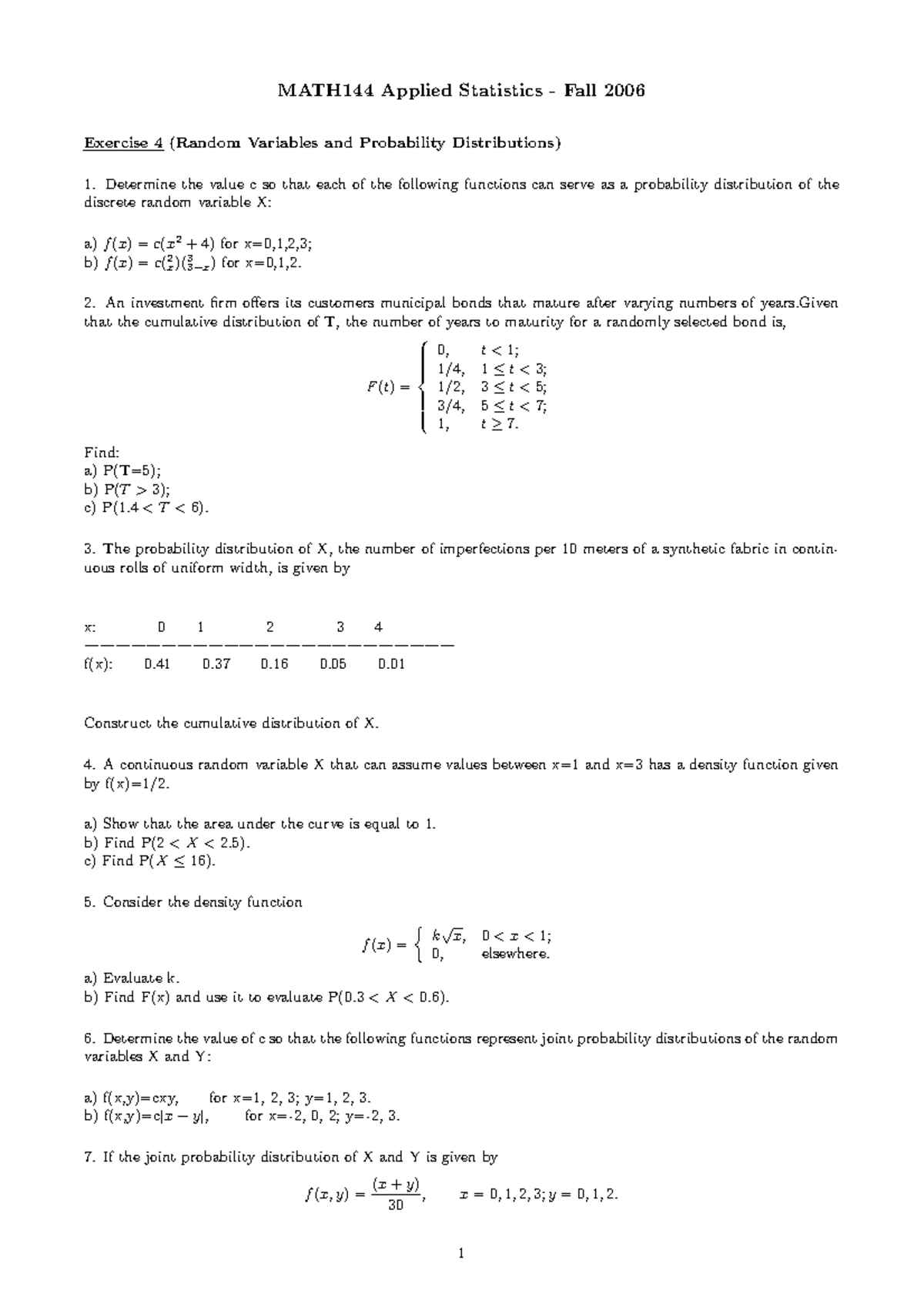 Ex4 - tutorial - MATH144 Applied Statistics - Fall 2006 Exercise 4 ...