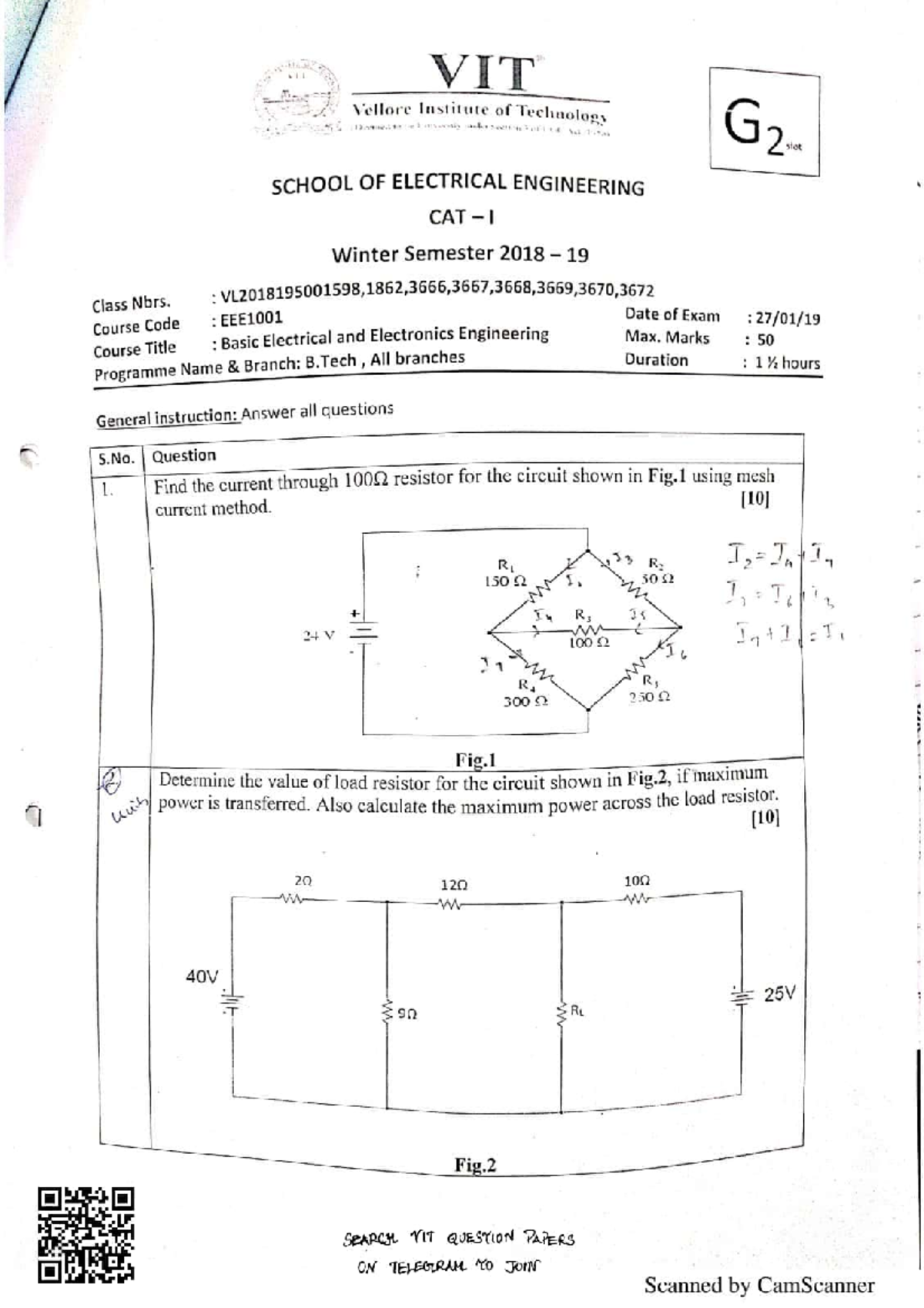 EE1001 CAT 1 G2 Question - Electrical circuits - VIT - Studocu