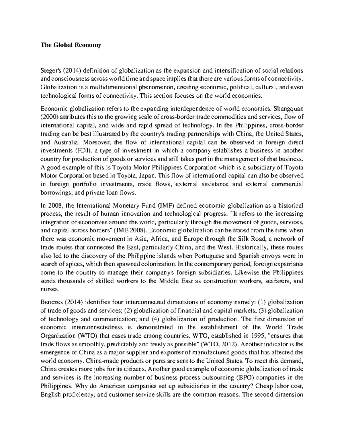 The Global Economy - The Global Economy Steger's (2014) definition of ...