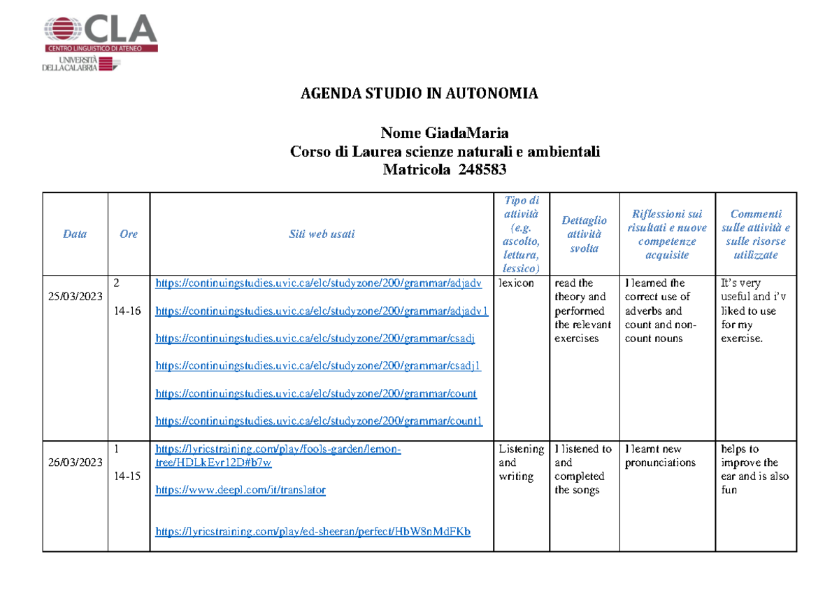 Agenda studio in autonomia - Inglese - UNICAL - Studocu