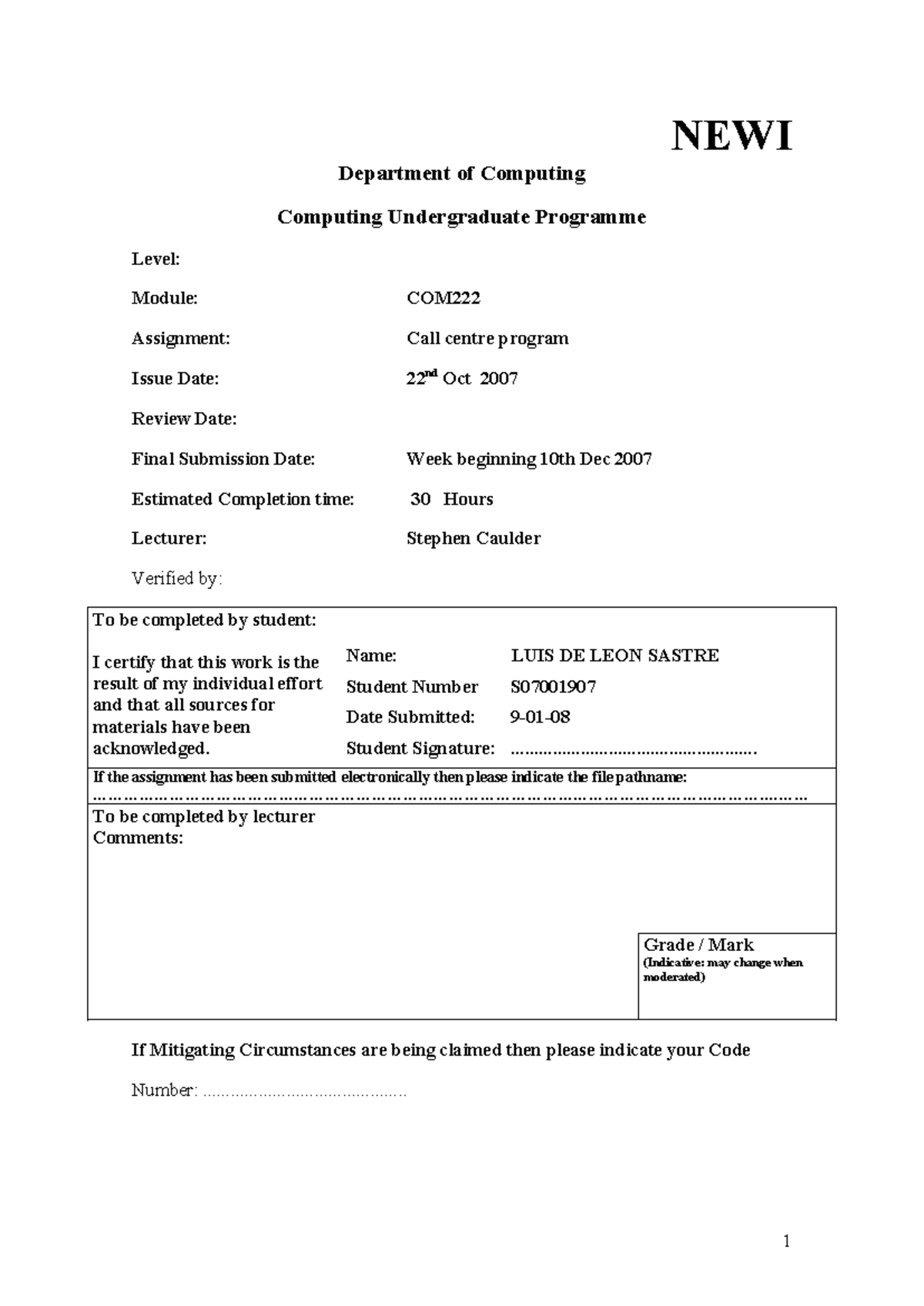 Assigment Programming 2 Newi Department Of Computing Computing Undergraduate Programme Level