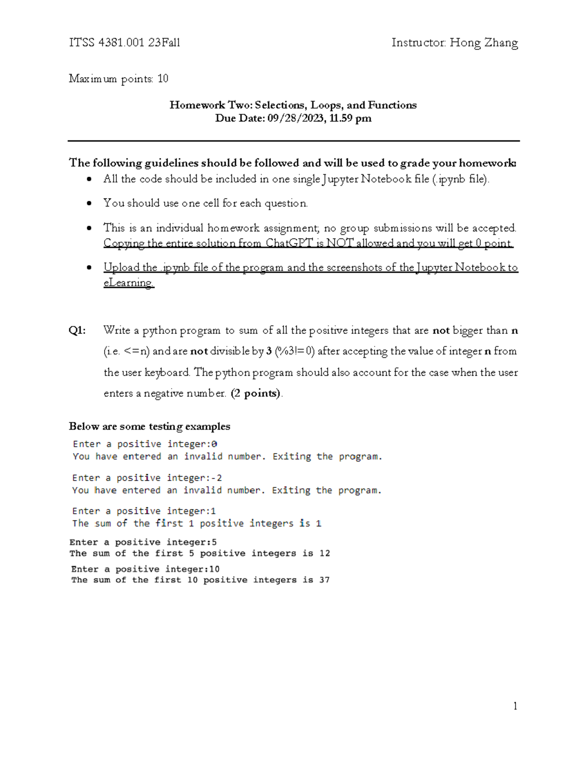 ITSS 4381-Homework Two - ITSS 4381 23Fall Instructor: Hong Zhang 1 Maximum points: 10 Homework ...