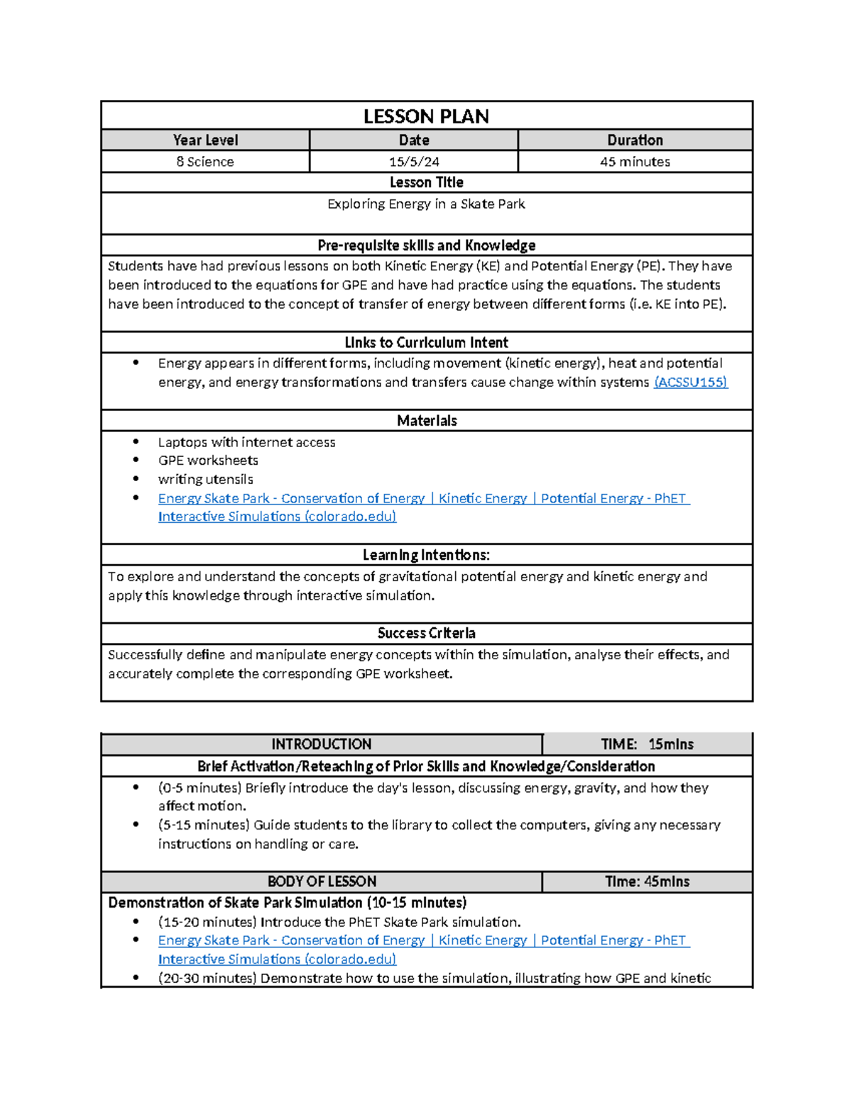 Lesson Plan - Year 8 - Science - Exploring Energy in a Skate Park ...