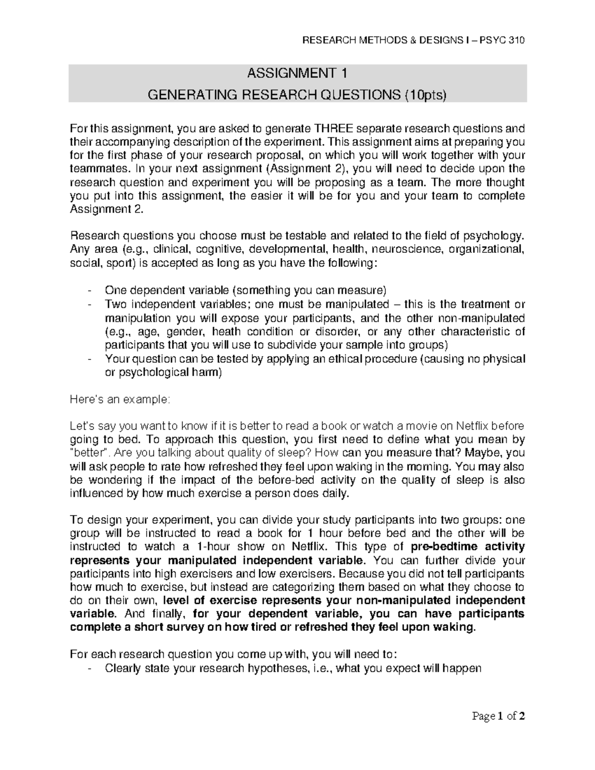 PSYC310 assignment 1 generating research questions - RESEARCH METHODS & DESIGNS I – PSYC 310 ...