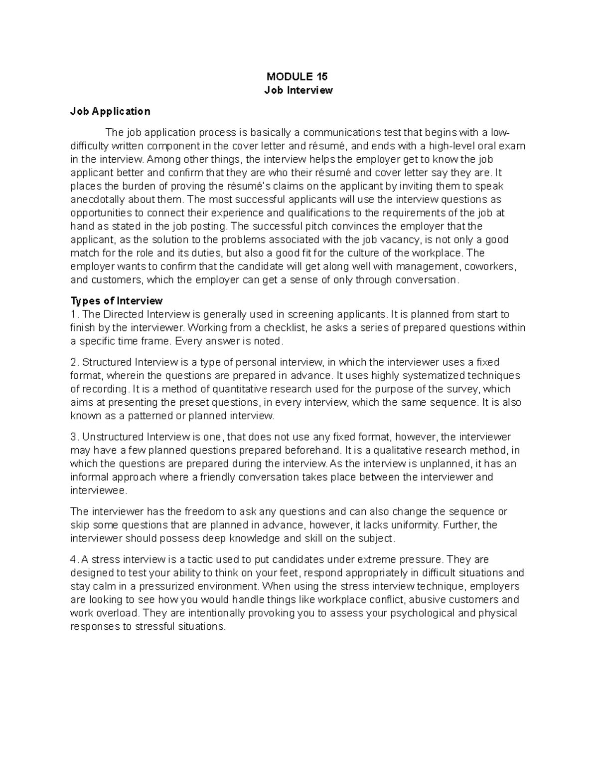 Module-15 - n/a - MODULE 15 Job Interview Job Application The job ...