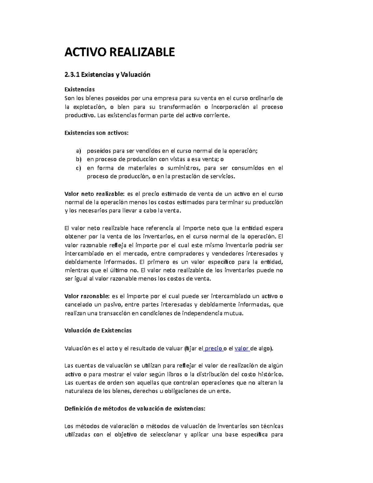 Activo Realizable - ACTIVO REALIZABLE 2.3 Existencias y Valuación ...
