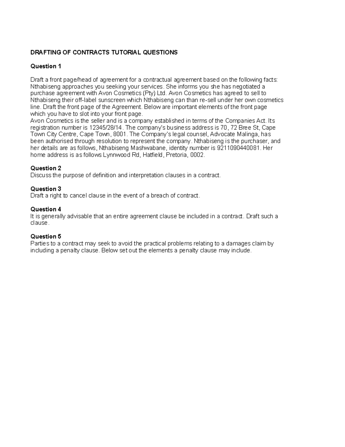 Drafting OF Contracts Tutorial Questions(1) - DRAFTING OF CONTRACTS TUTORIAL QUESTIONS Question ...