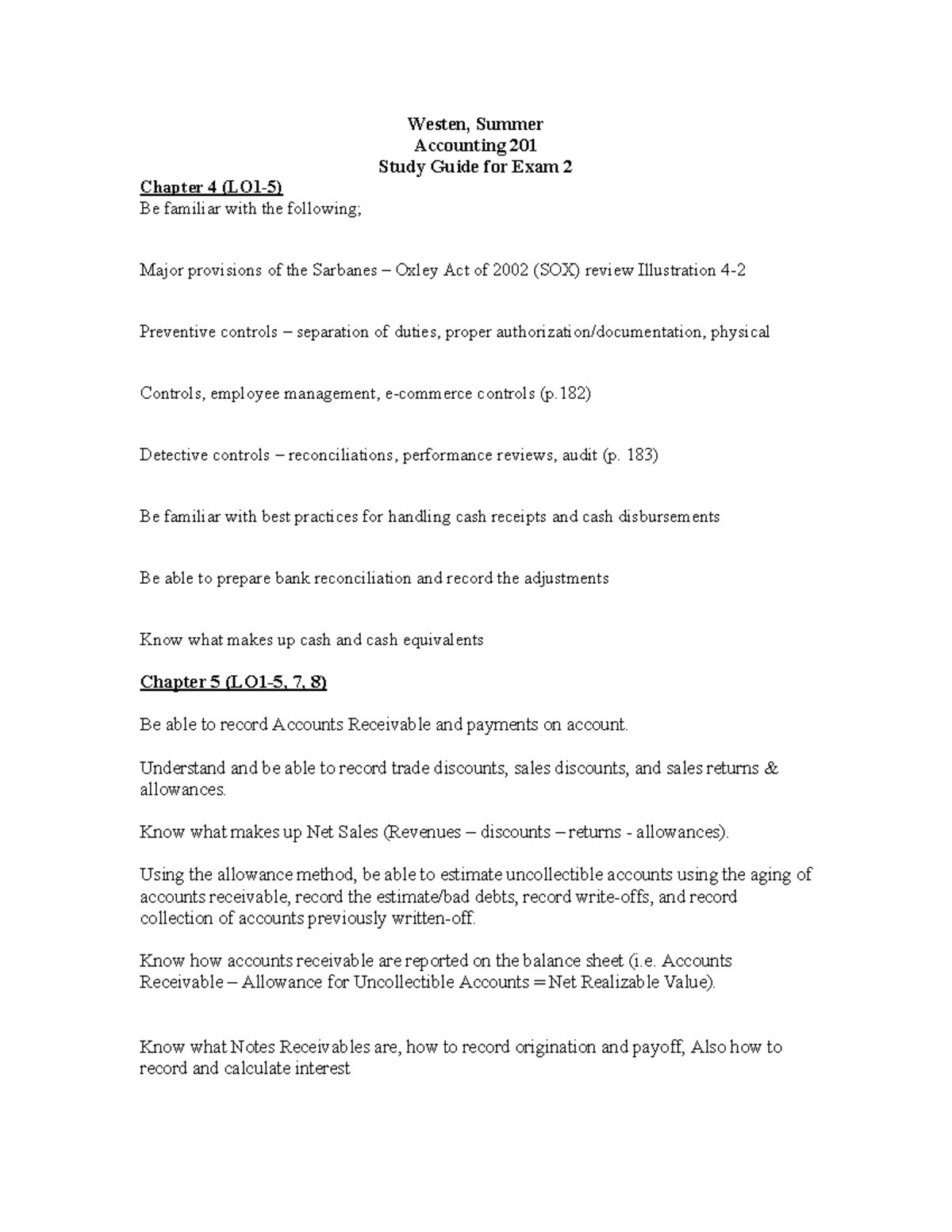 201 Exam 2 Study Guide - Westen, Summer Accounting 201 Study Guide for Exam 2 Chapter 4 (LO1-5 ...