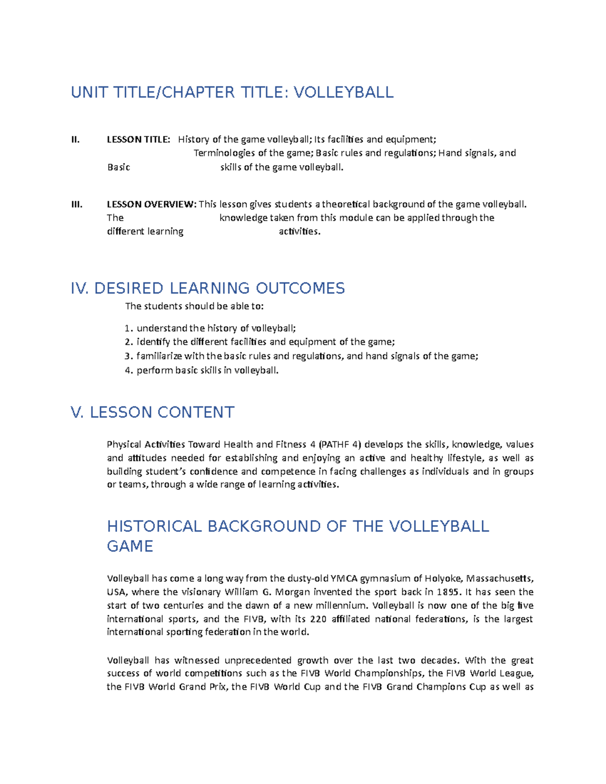 PATHF4 Module 1 - UNIT TITLE/CHAPTER TITLE: VOLLEYBALL II. LESSON TITLE ...