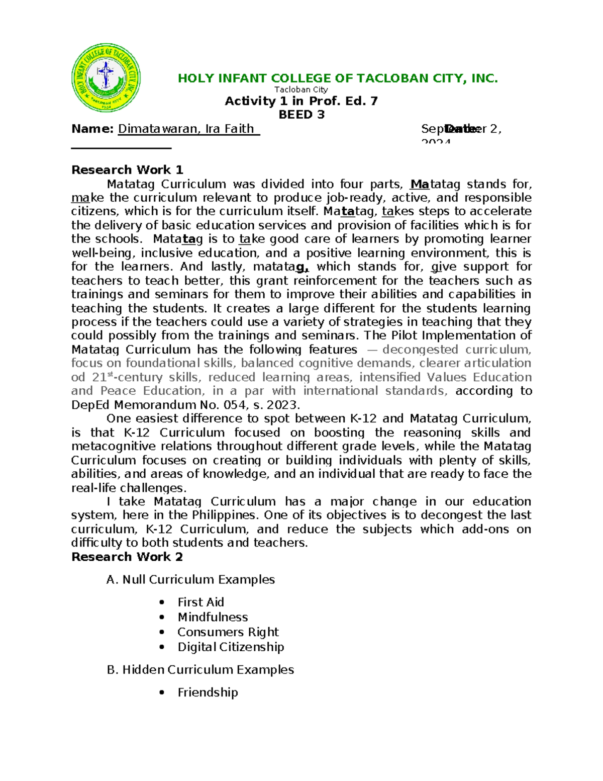 Matatag Curriculum - HOLY INFANT COLLEGE OF TACLOBAN CITY, INC ...