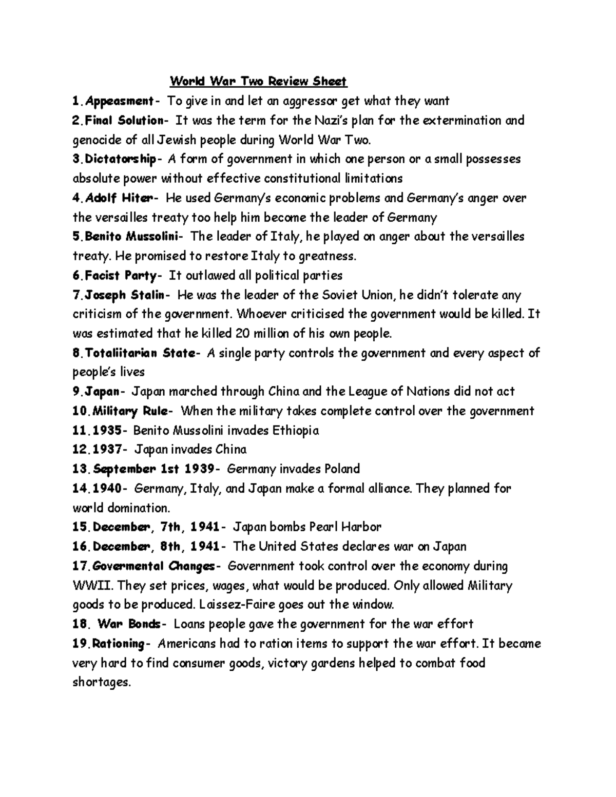 World War Two Review Sheet - 3- A form of government in which one ...