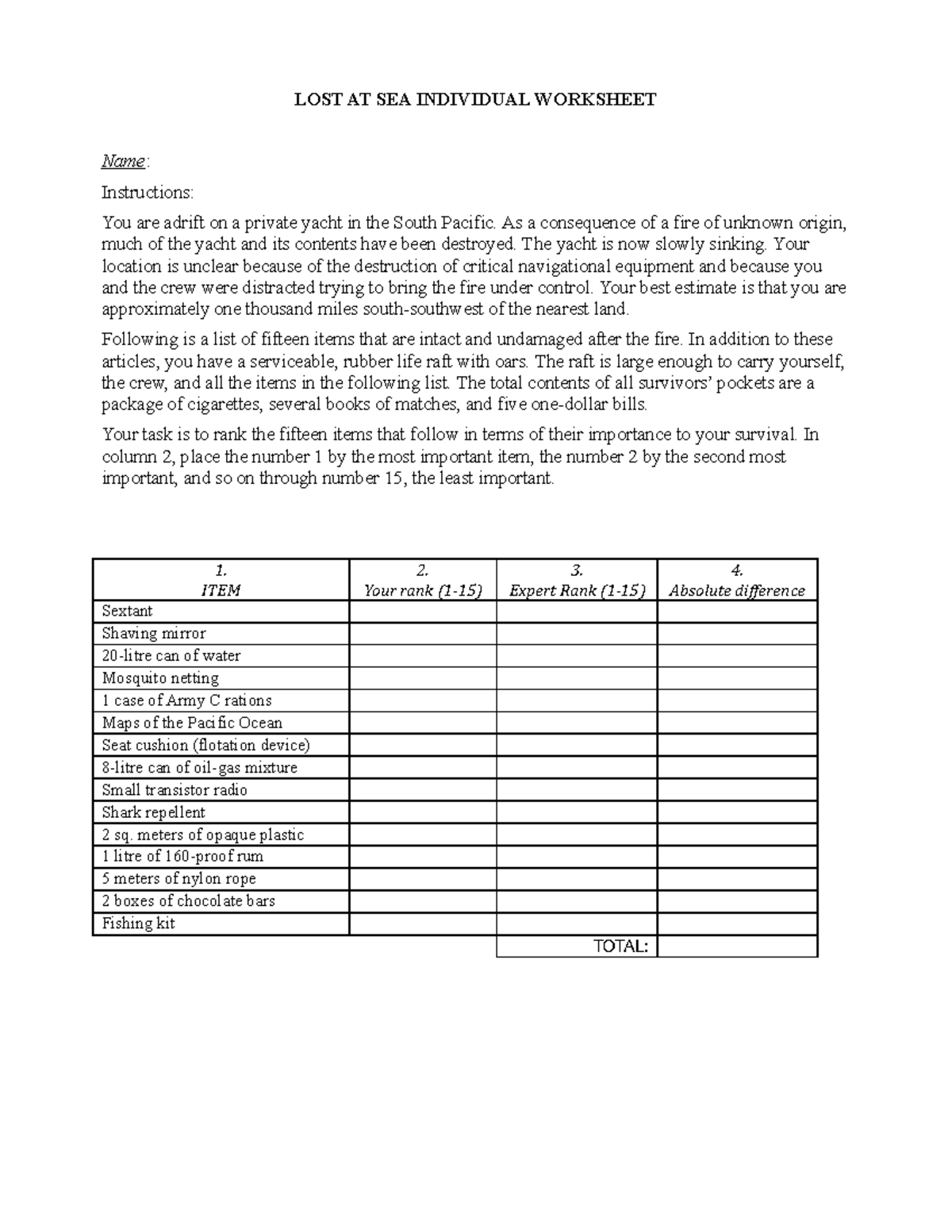 Lost At Sea Handout (Student Copy) - LOST AT SEA INDIVIDUAL WORKSHEET ...