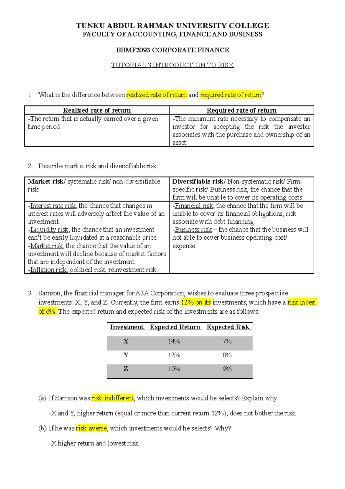 Tutorial 3 Questions - completed anwer - Corporate Finance - UUM - Studocu