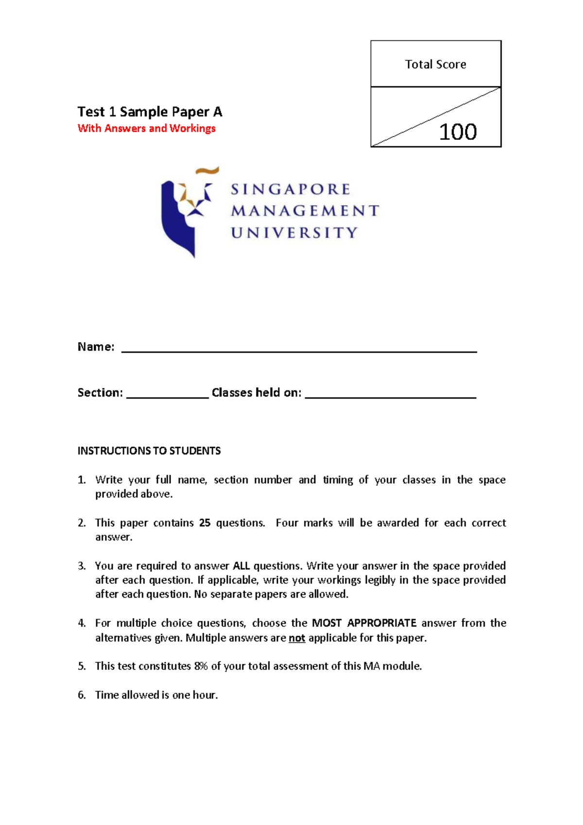 Test 1 12 August 2018, questions and answers - Total Score Test 1 ...