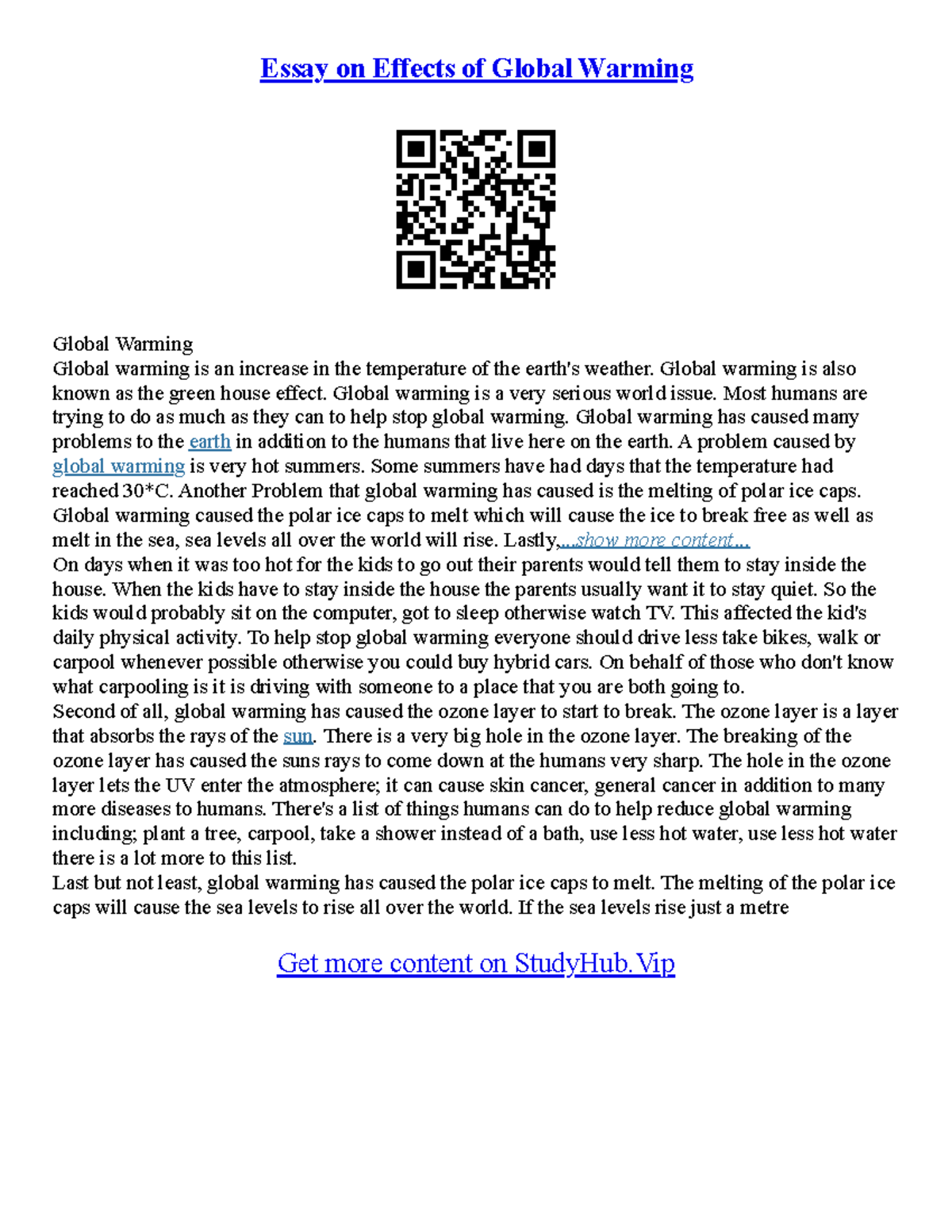 Global Warming Essay Topics - Essay on Effects of Global Warming Global ...