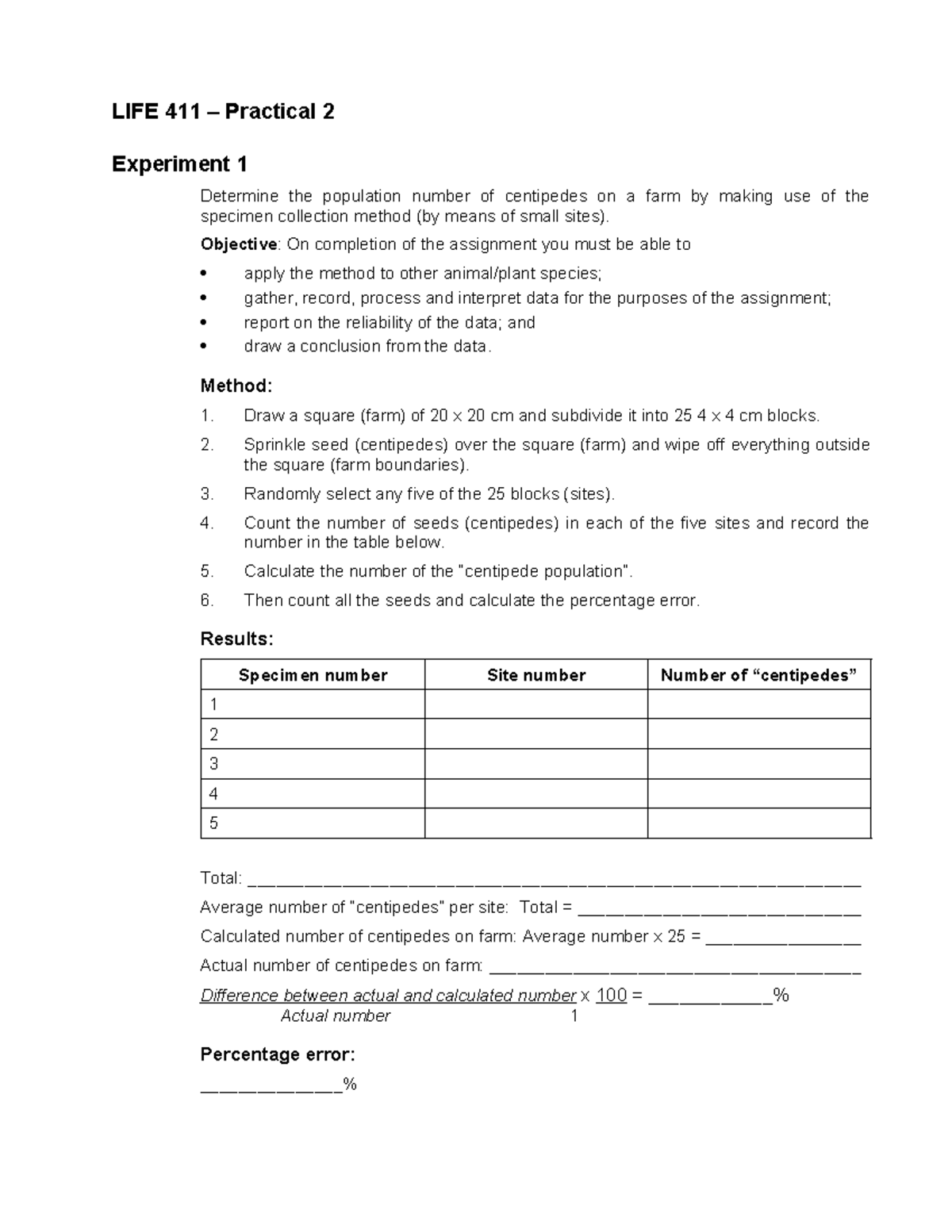 Practical 2 Experiment 1 4 Life 411 Practical 2 Experiment 1 Determine The Population Number