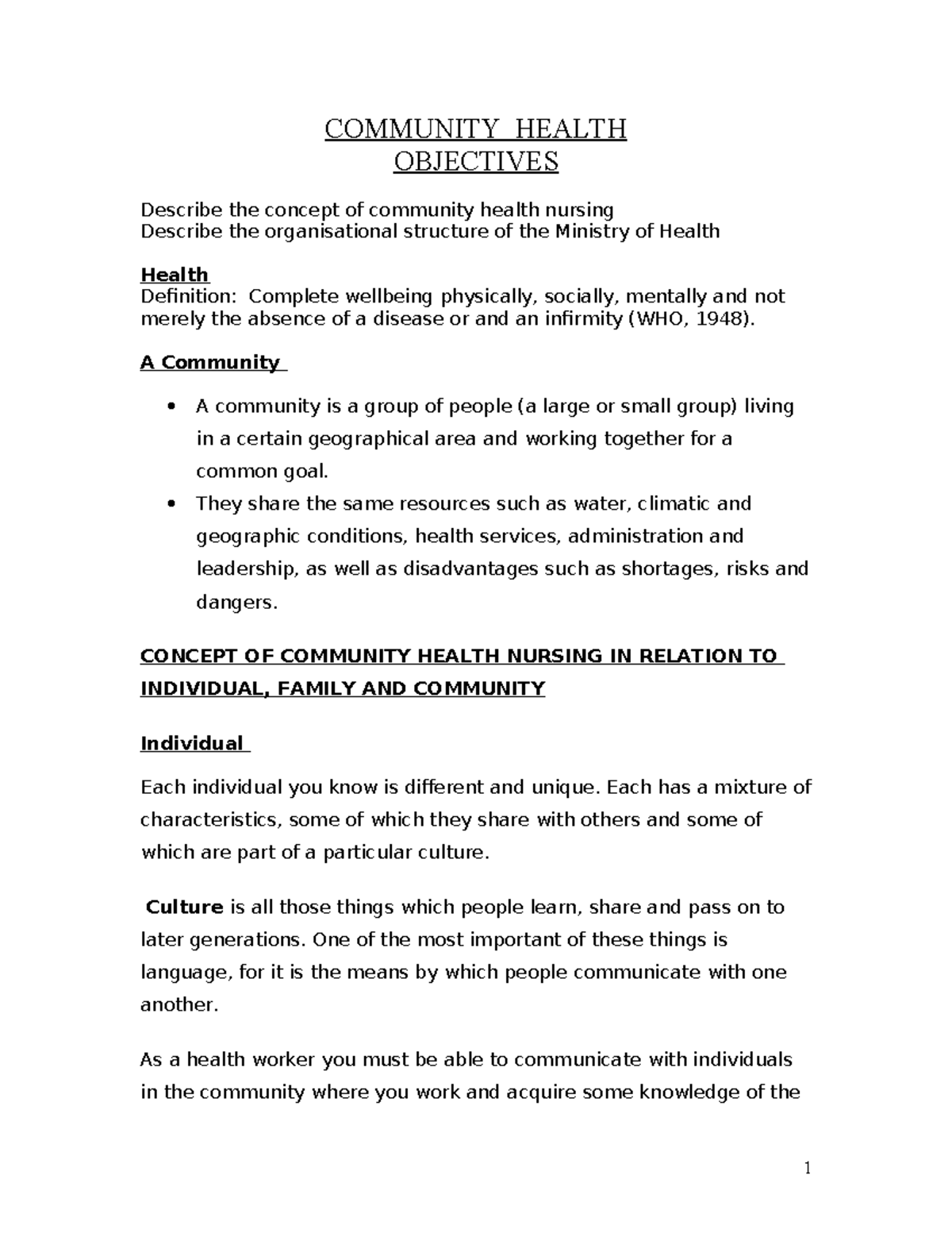 nursing course summaries - COMMUNITY HEALTH OBJECTIVES Describe the ...