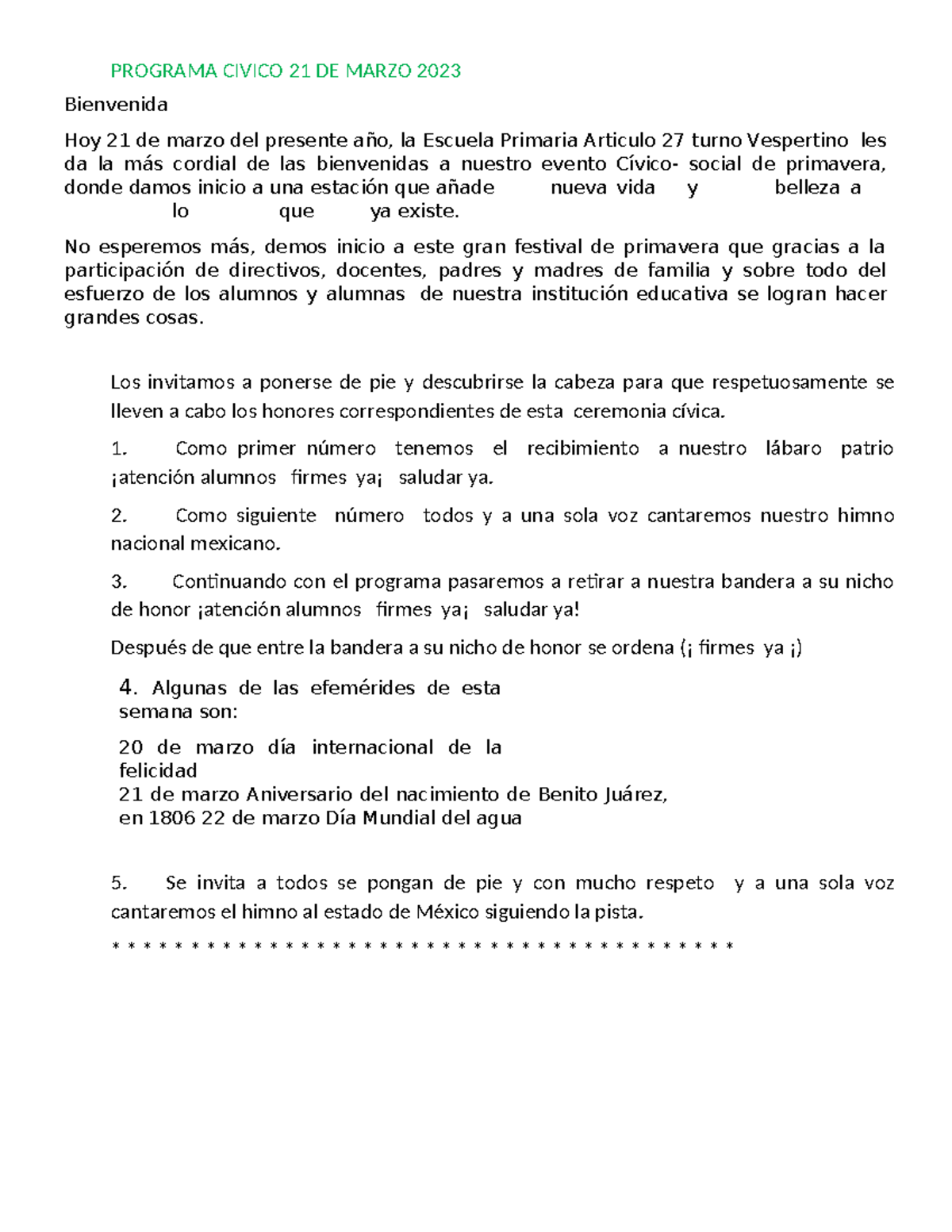 Programa 21 de marzo Civico- Social - PROGRAMA CIVICO 21 DE MARZO 2023 Bienvenida Hoy 21 de ...