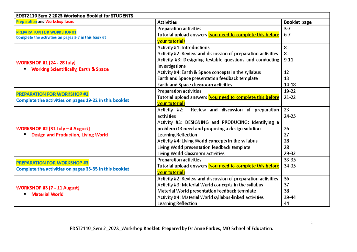 Workshop Booklet for students EDST2110 2023 - EDST2110 Sem 2 2023 ...