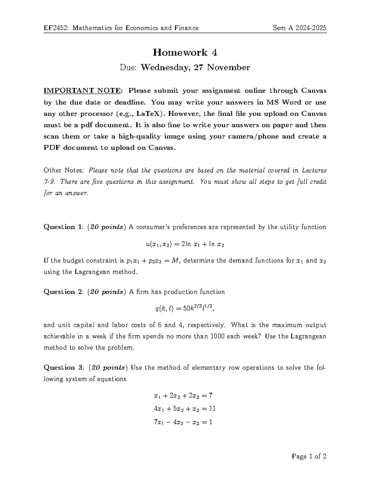 Math for E&F-HW4 - HW4 - EF2452: Mathematics for Economics and Finance Sem A 2024- Homework 4 ...