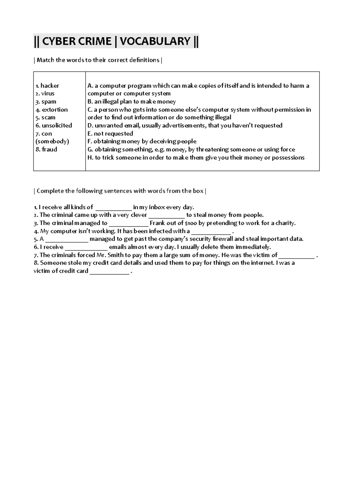 Cyber security vocabulary - || CYBER CRIME | VOCABULARY || | Match the ...