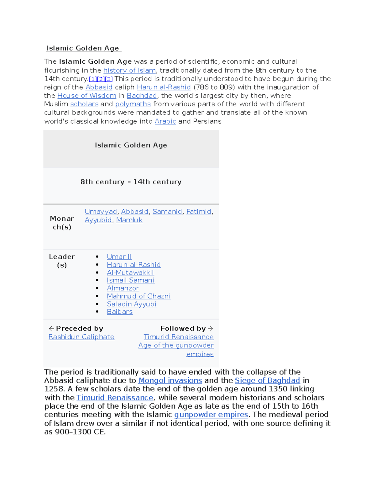 Islamic Golden Age - Lecture notes - Islamic Golden Age The Islamic ...