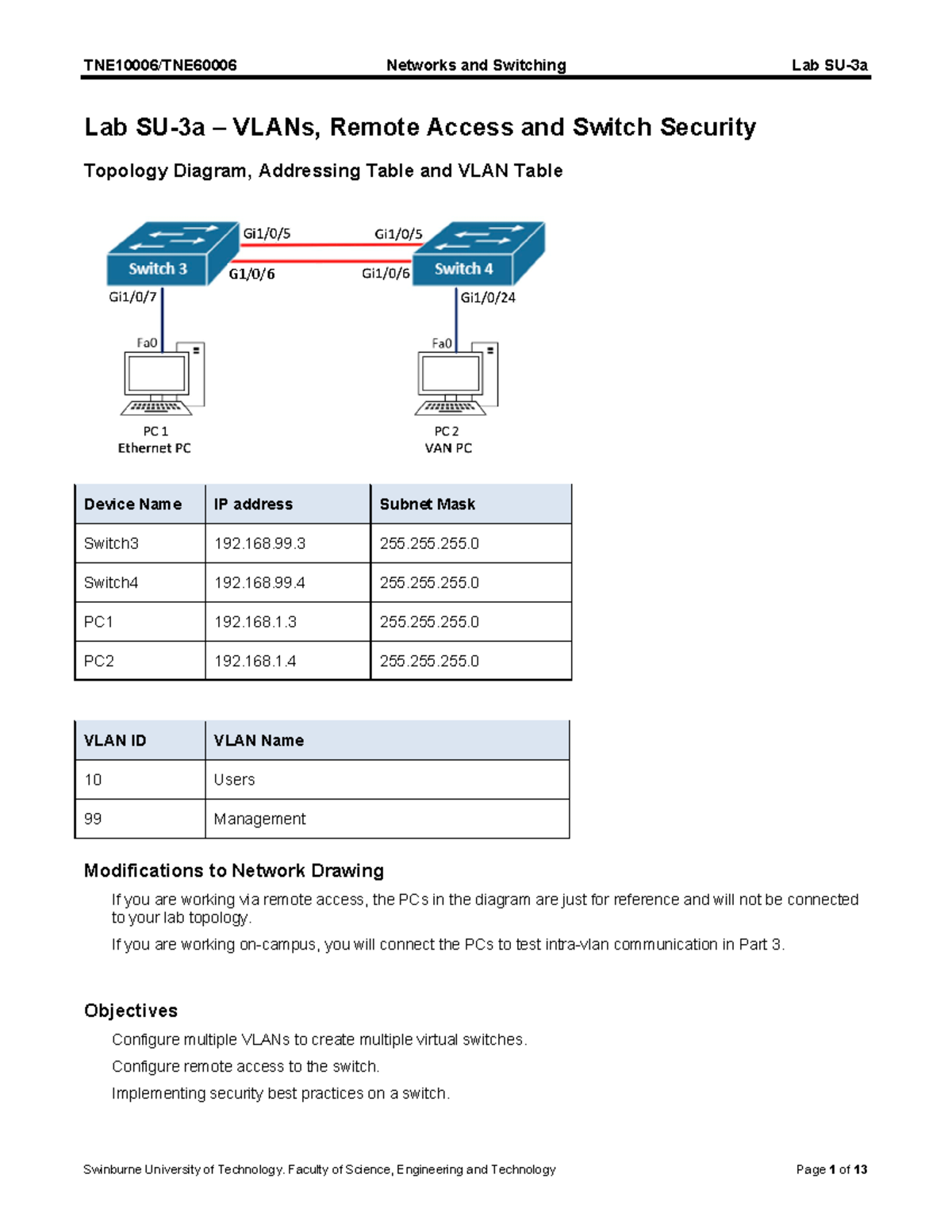 Lab SU-3a - week2 - Lab SU-3a – VLANs, Remote Access and Switch ...