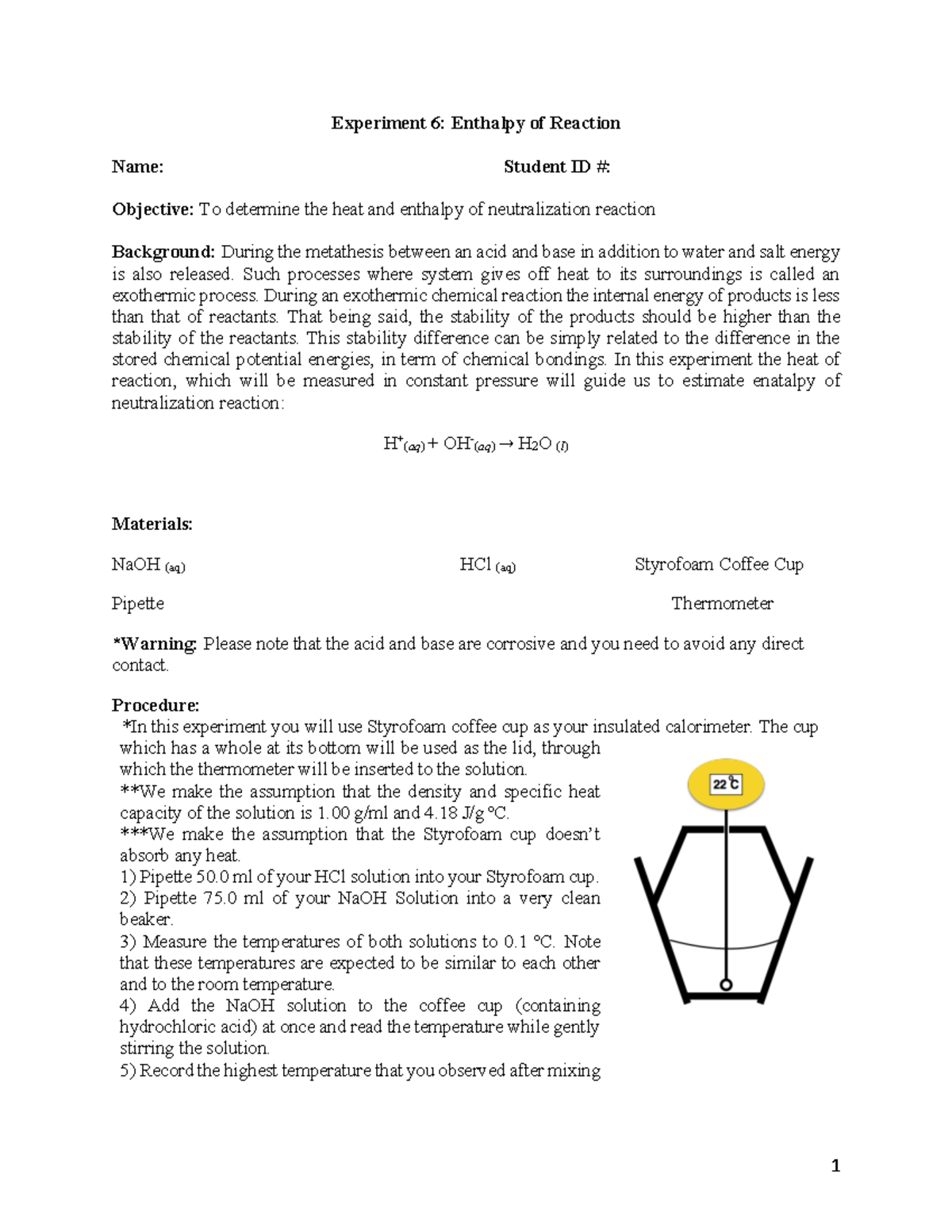 EXP 6 - Enthalpy of Reactions - 1 Experiment 6 : Enthalpy of Reaction ...