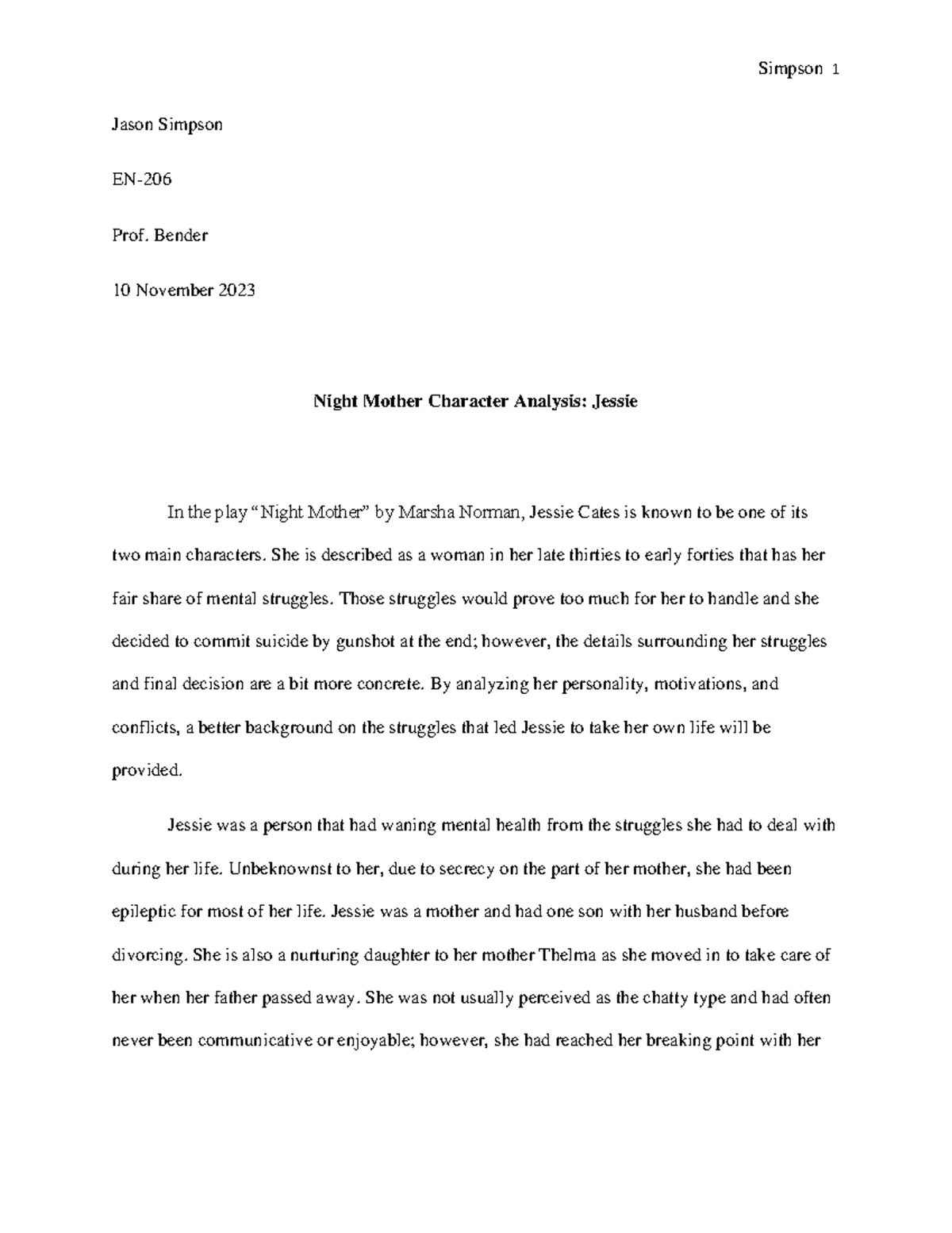 Night Mother: Character Analysis - Simpson 1 Jason Simpson EN- 206 Prof ...