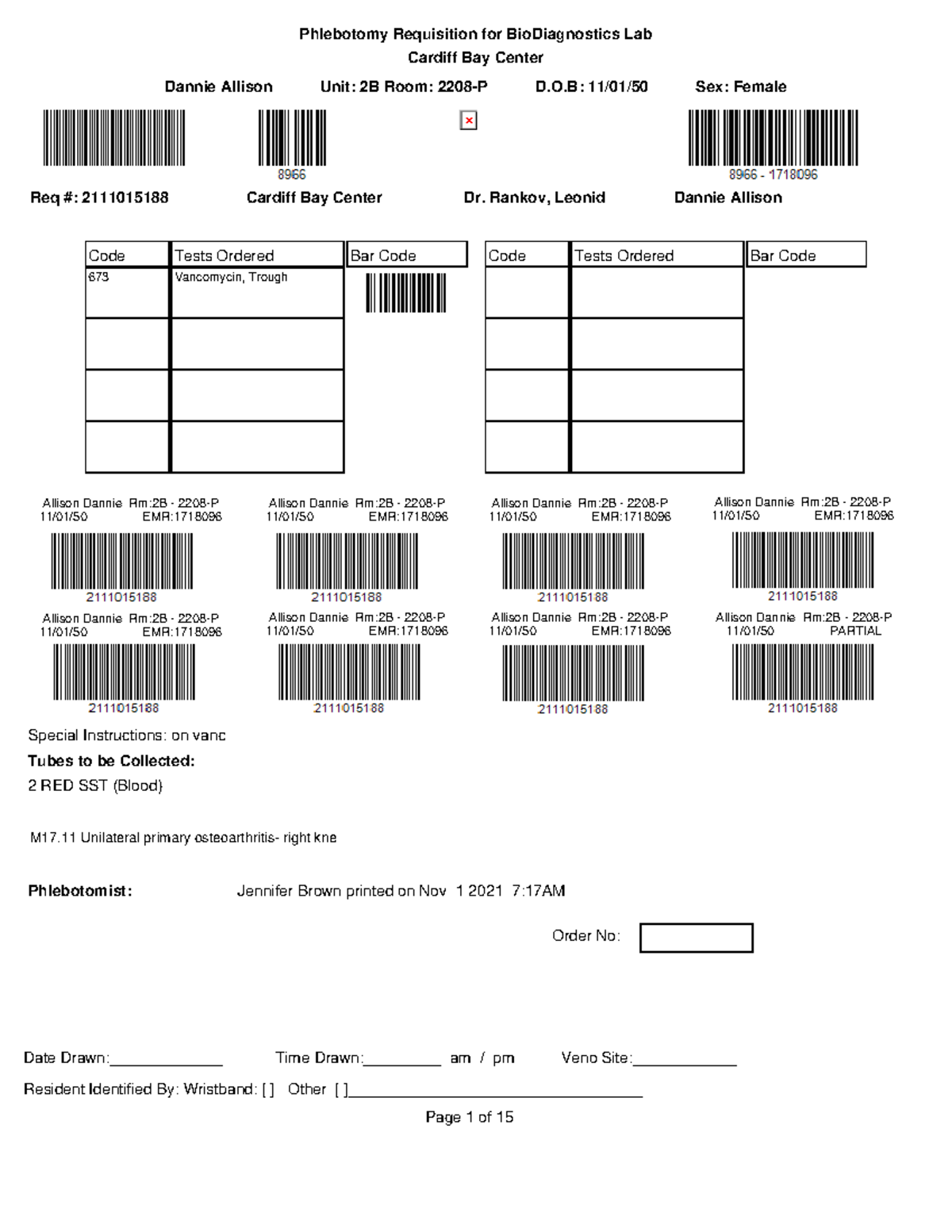 Phleb Printout Report - Anatomy - Dannie Allison Unit: 2B Room: 2208-P ...