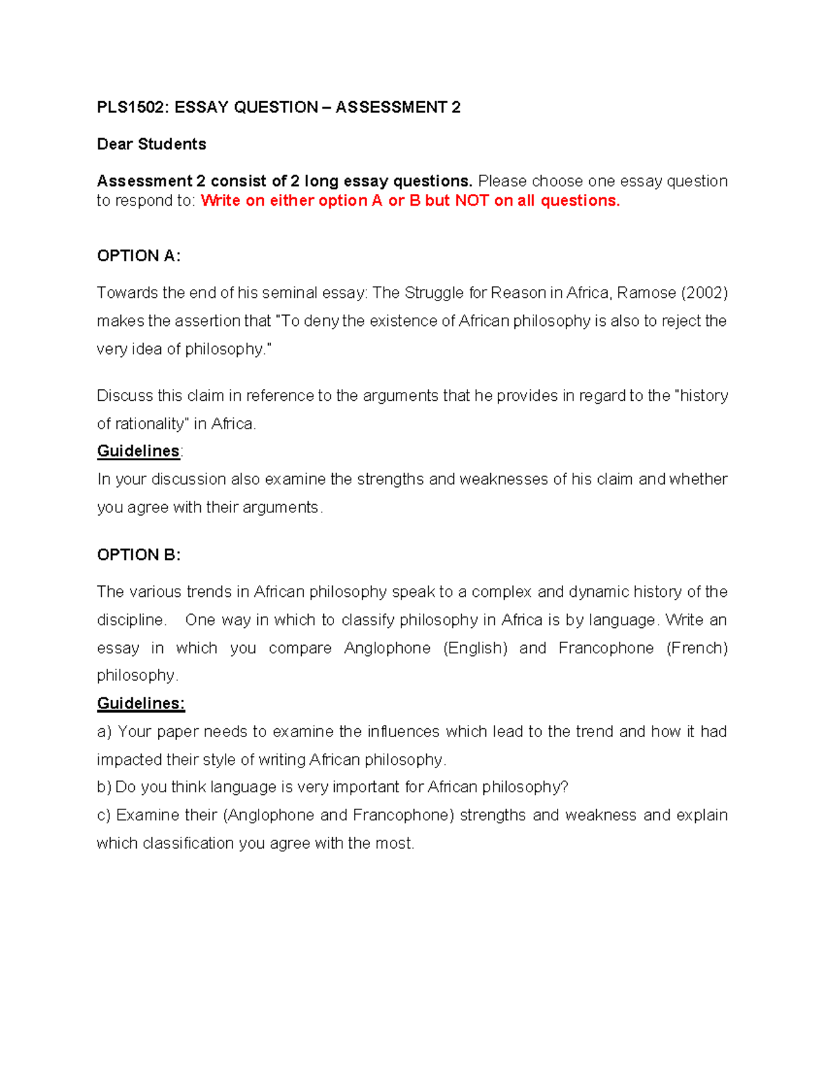 PLS1502 Essay Questions - Assessment TWO - PLS1502: ESSAY QUESTION ...