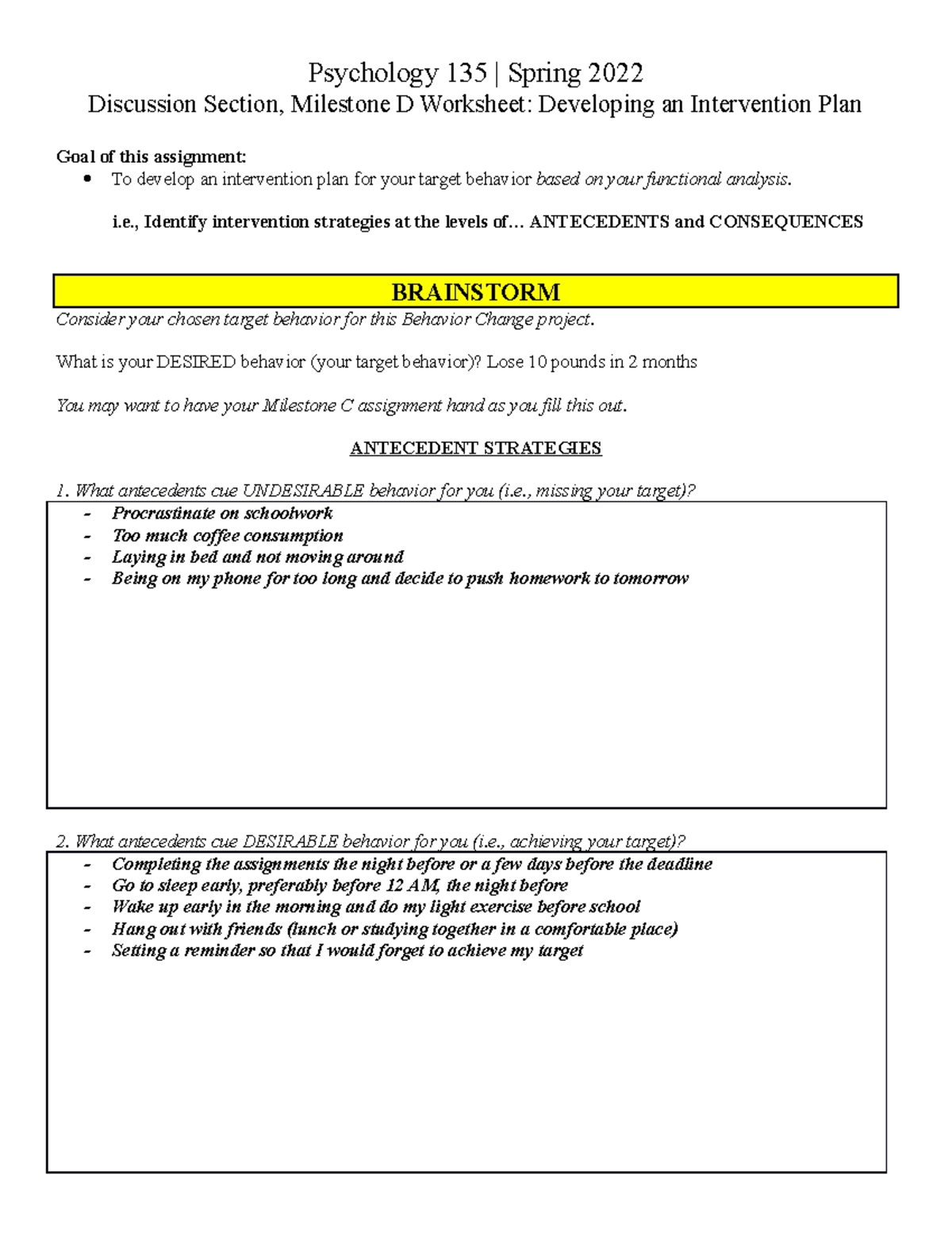 BCP Section 5 Assignment Worksheet (Milestone D) (1) - Psychology 135 ...