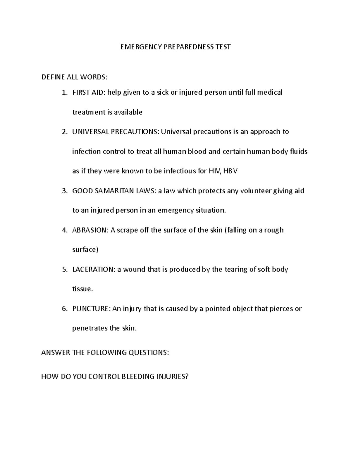 Emergency Preparedness TEST - EMERGENCY PREPAREDNESS TEST DEFINE ALL ...