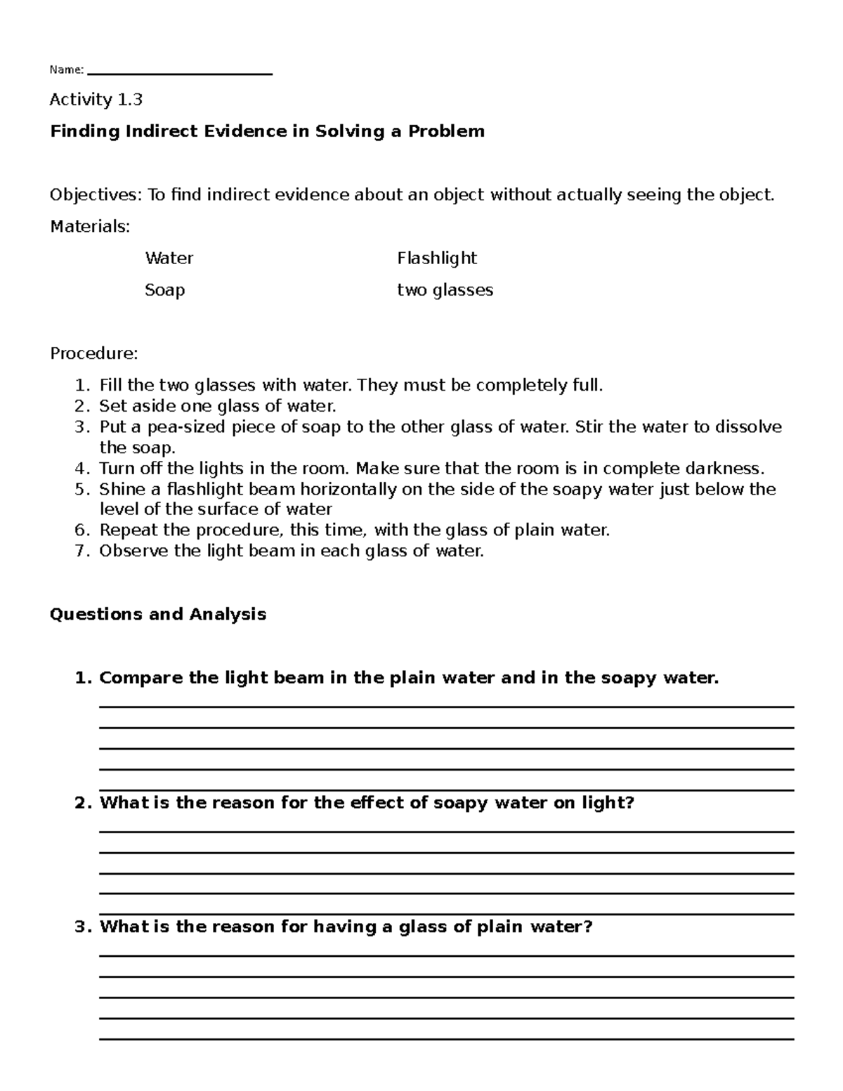 Activity for Finding Indirect Evidence in Solving a Problem - Name ...
