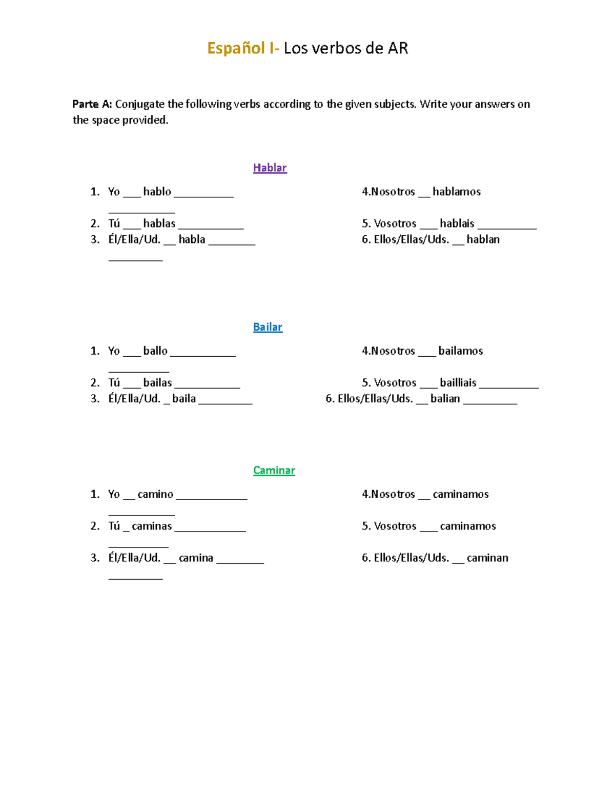 Copy of Los verbos AR ws - Español I- Los verbos de AR Parte A ...