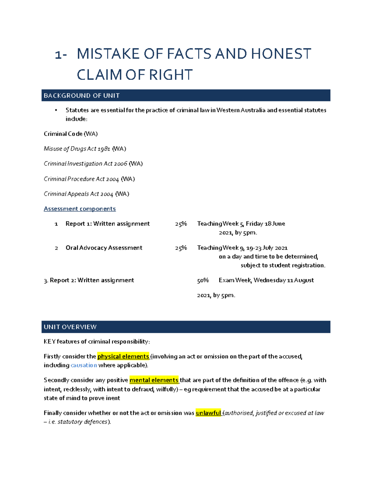 1- mistake of facts and honest claim of right - LAWS4102 - UWA - Studocu