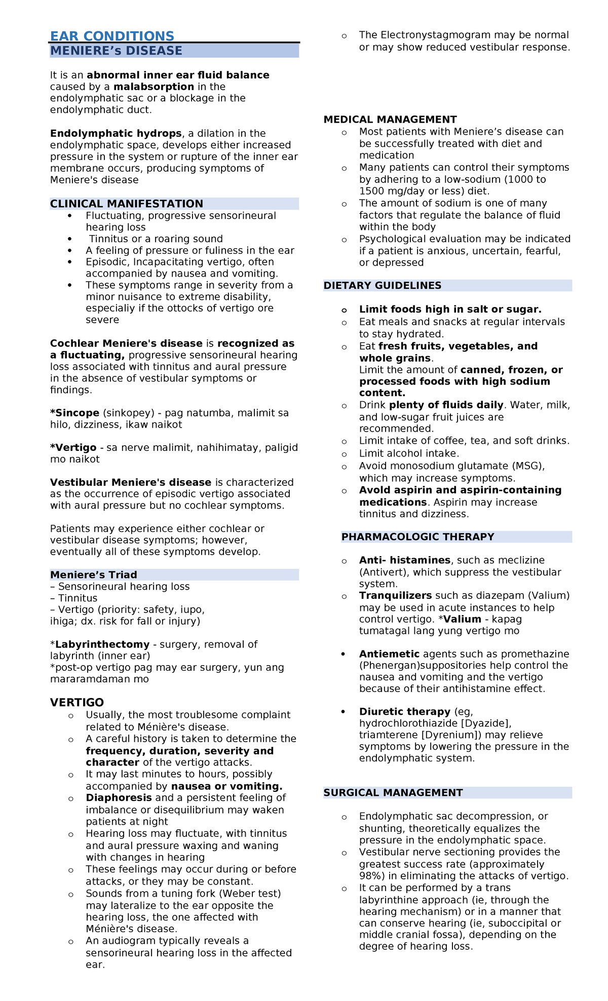 Meniere'S - EAR CONDI - EAR CONDITIONS MENIERE’s DISEASE It is an ...