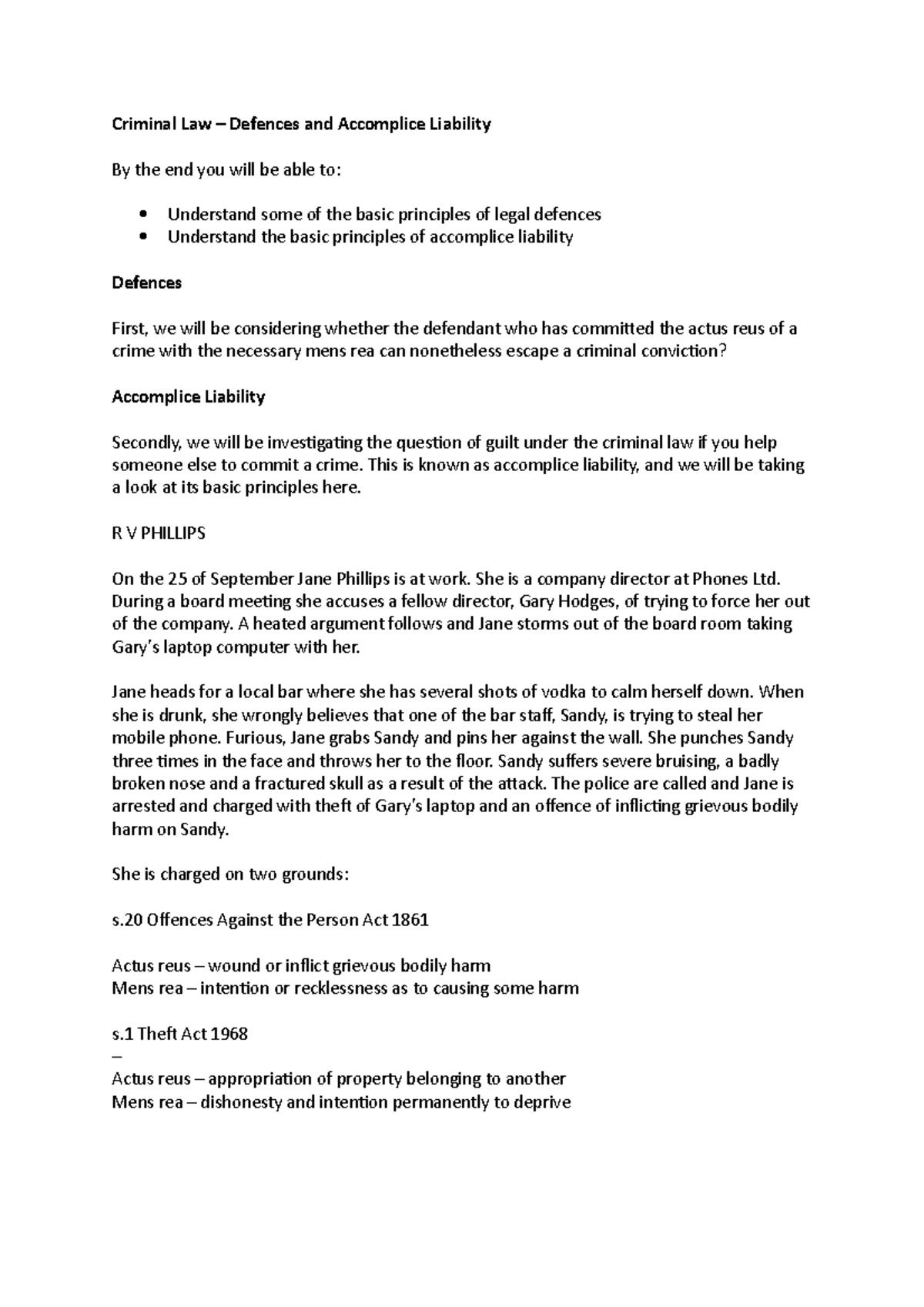 CL - Defences and Accomplice Liability - Criminal Law – Defences and ...