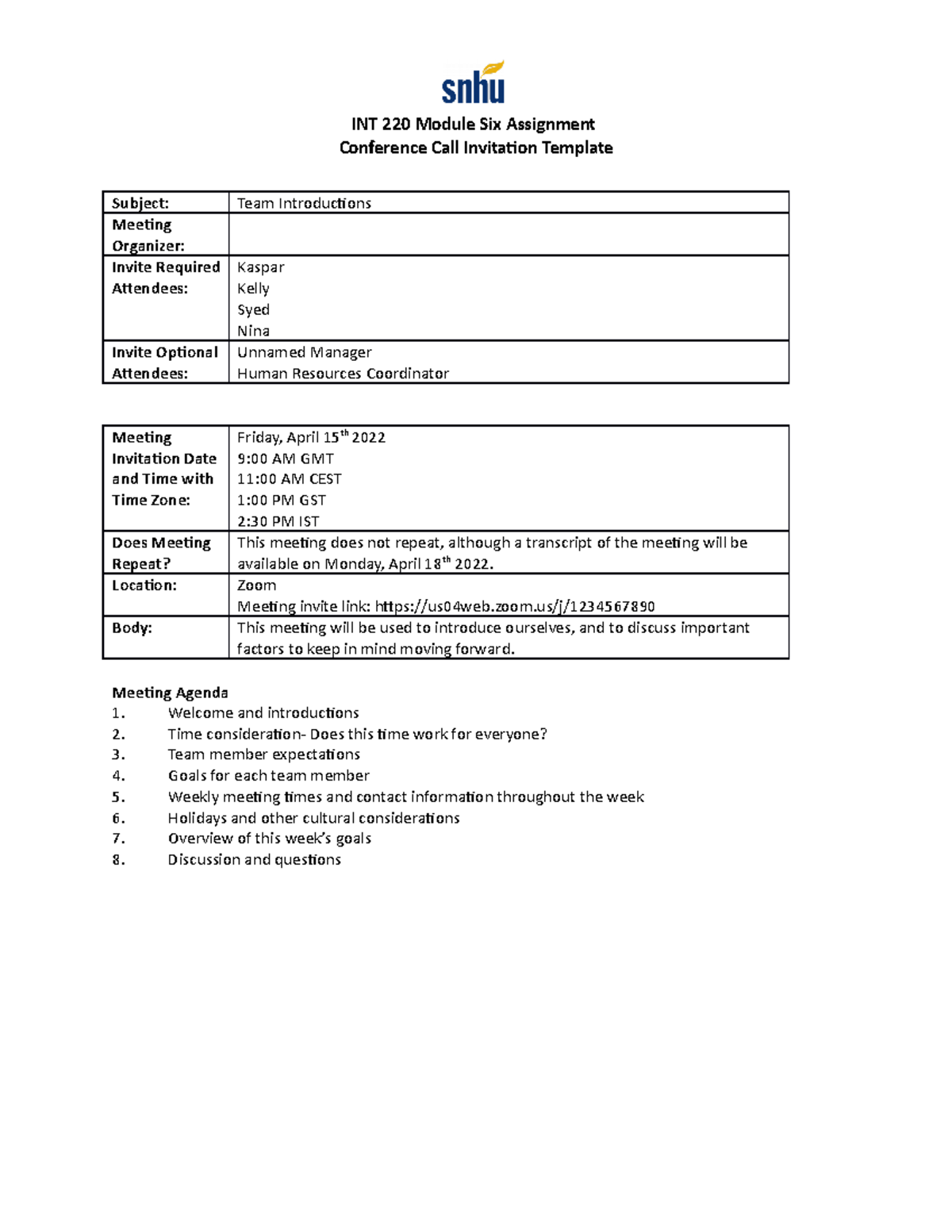 INT 220 Module 6 Conference Call Invitation - INT 220 Module Six ...
